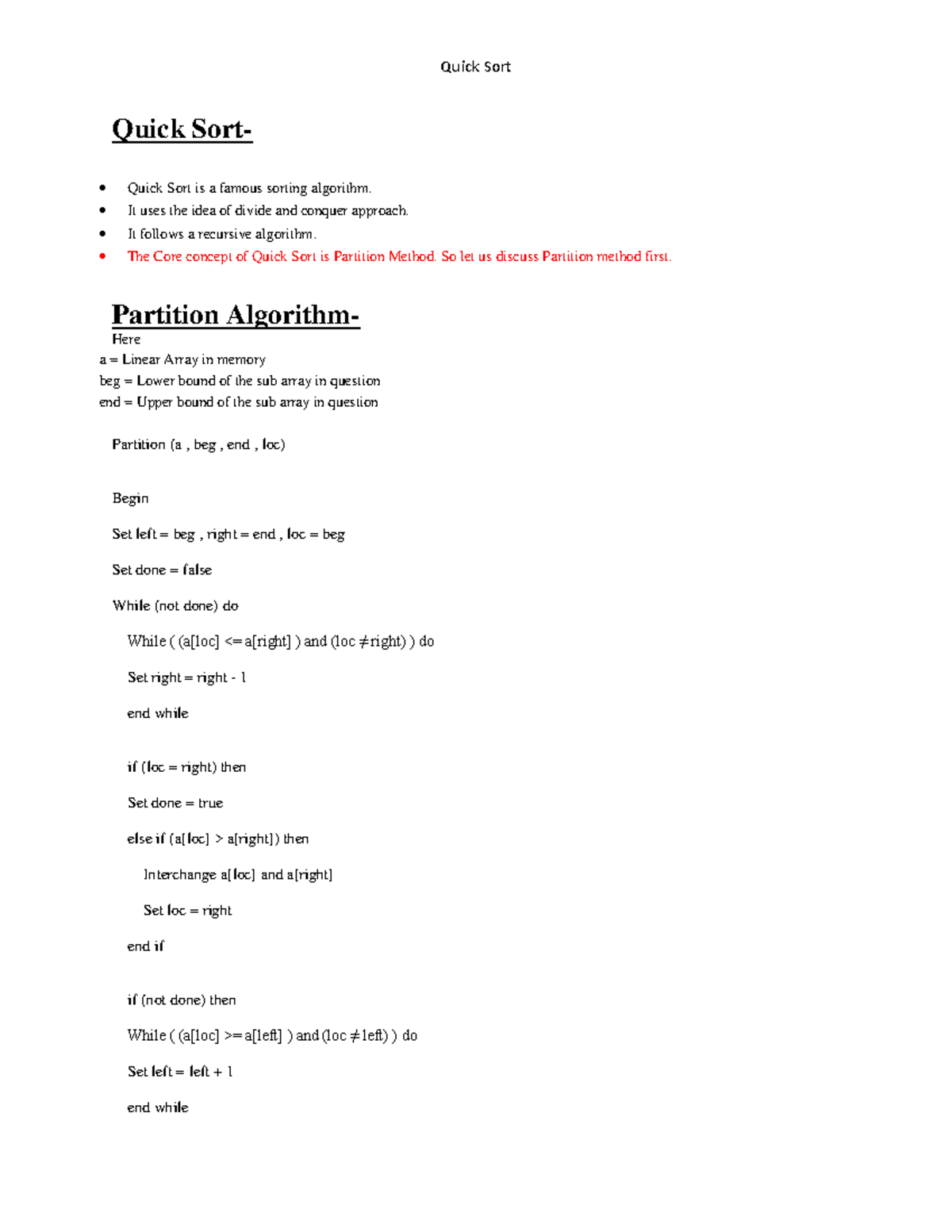 Quick-Sort - Lecture notes 8 - Quick Sort- Quick Sort is a famous ...