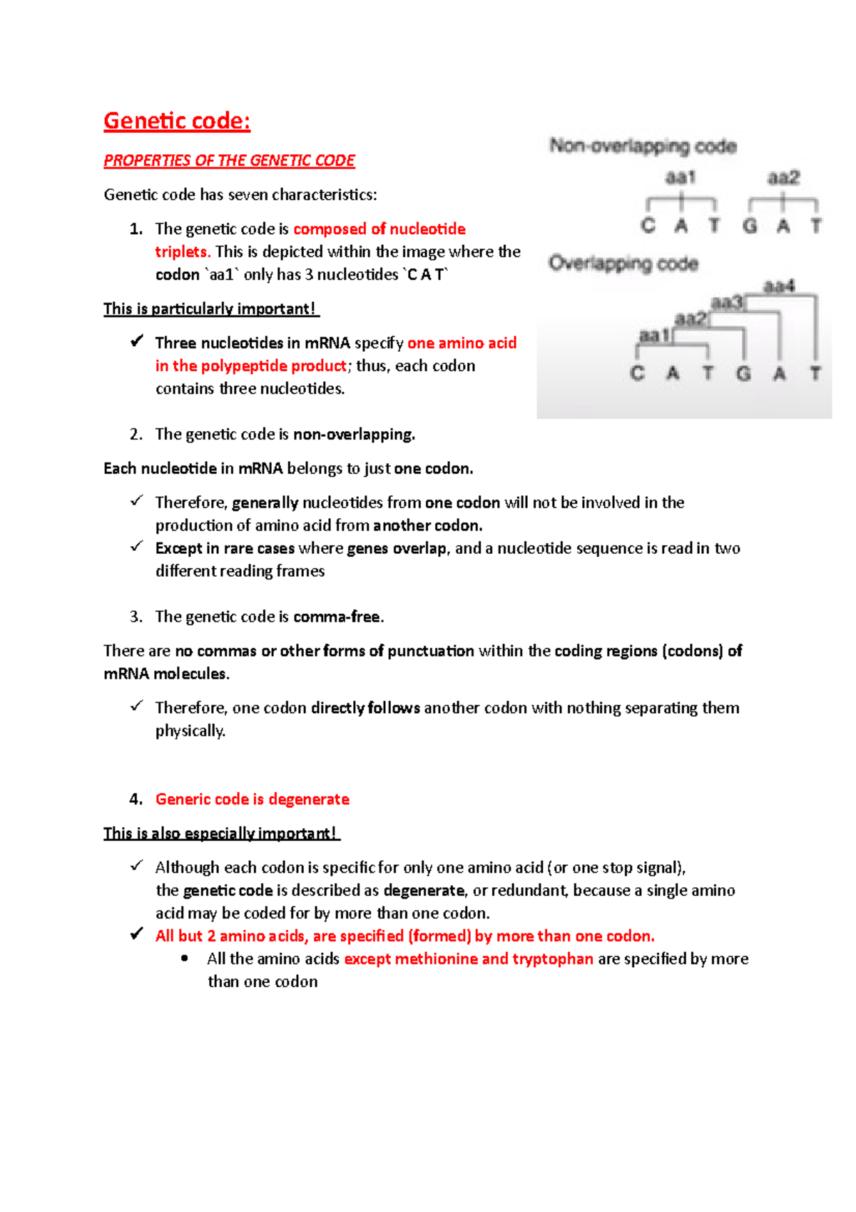 Life Science 1 - Genetic Code Notes - Genetic code: PROPERTIES OF THE ...