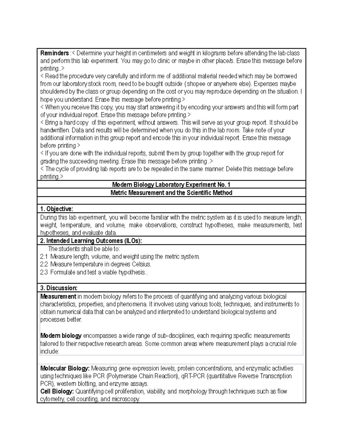 Moden Bio Lab Experiment 1 - Reminders