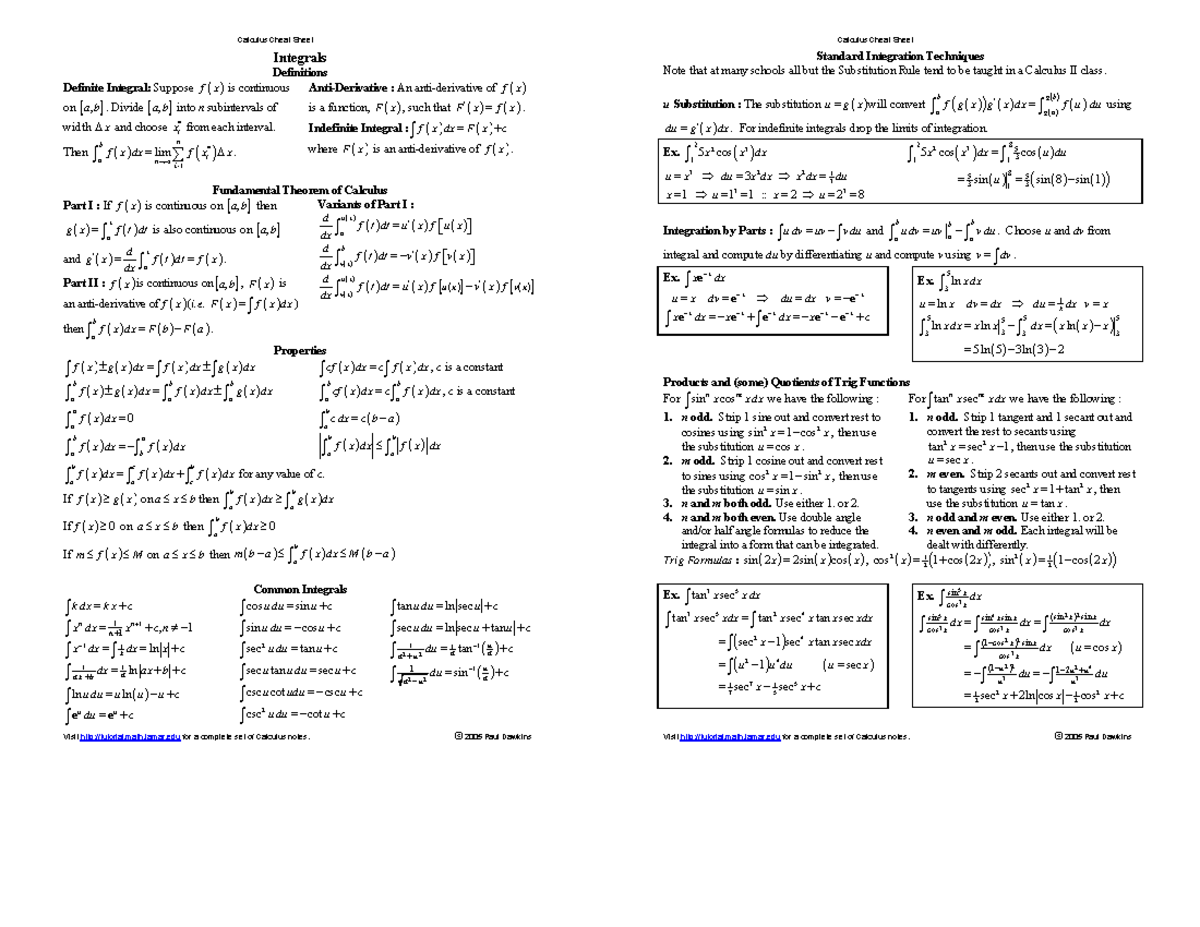 Calculus Cheat Sheet Integrals Reduced - Calculus Cheat Sheet Visit tutorial.math.lamar for a ...