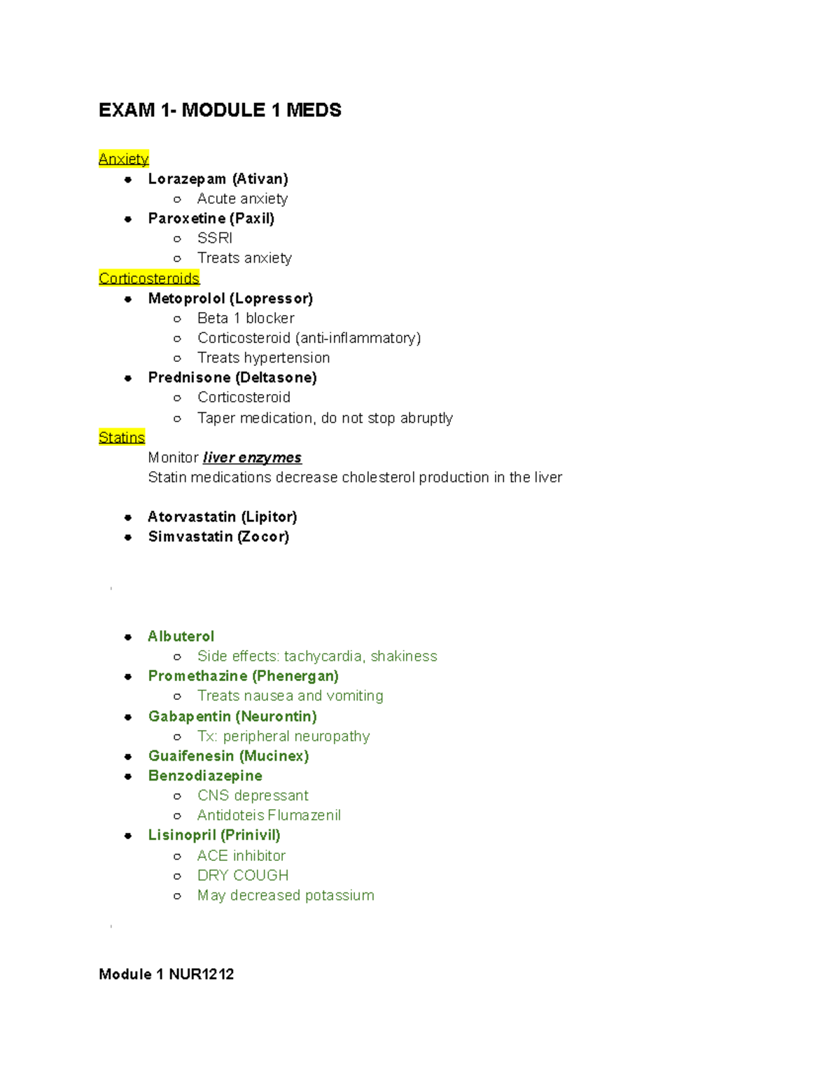 NUR1212 C FSCJ Modules 1-2 Exam 1 Study Guide - EXAM 1- MODULE 1 MEDS ...