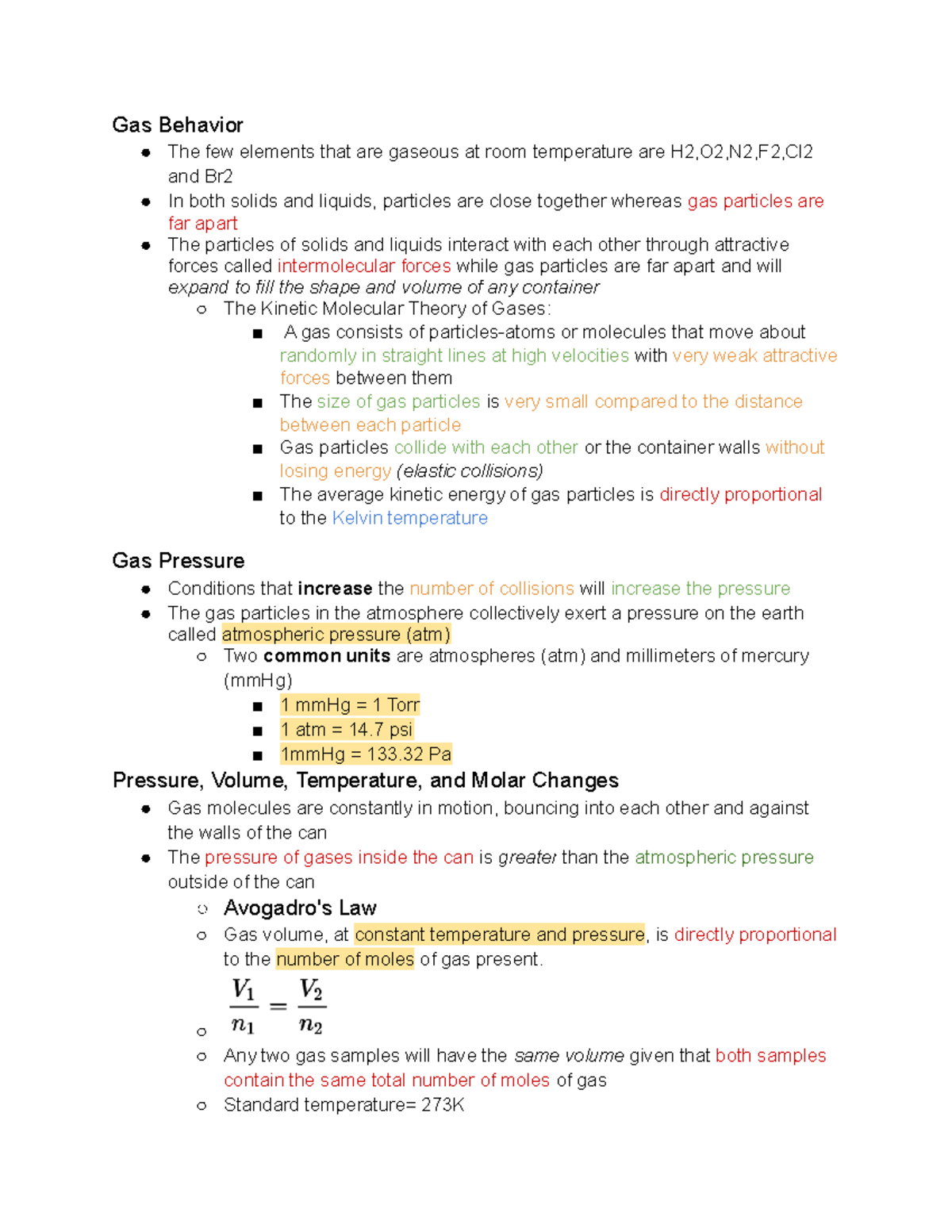 Chemistry Unit 5 Notes - Gas Behavior The few elements that are gaseous ...