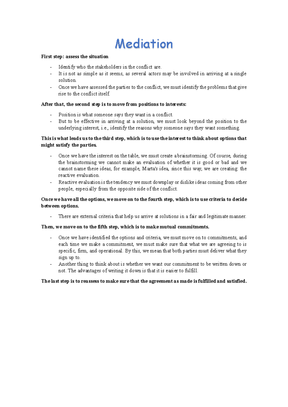 Steps of Conflict Resolution - Mediation First step: assess the ...