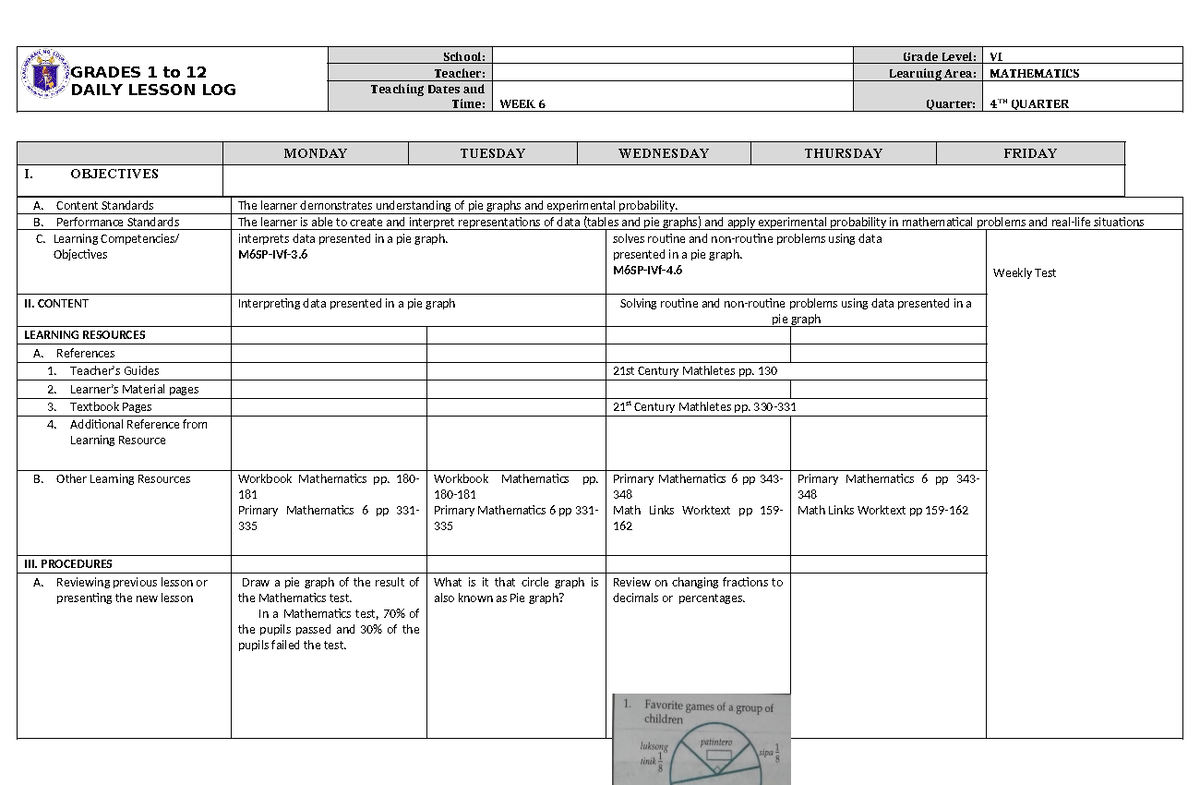 Grade 6 DLL MATH 6 Q4 Week 6 - GRADES 1 to 12 DAILY LESSON LOG School ...