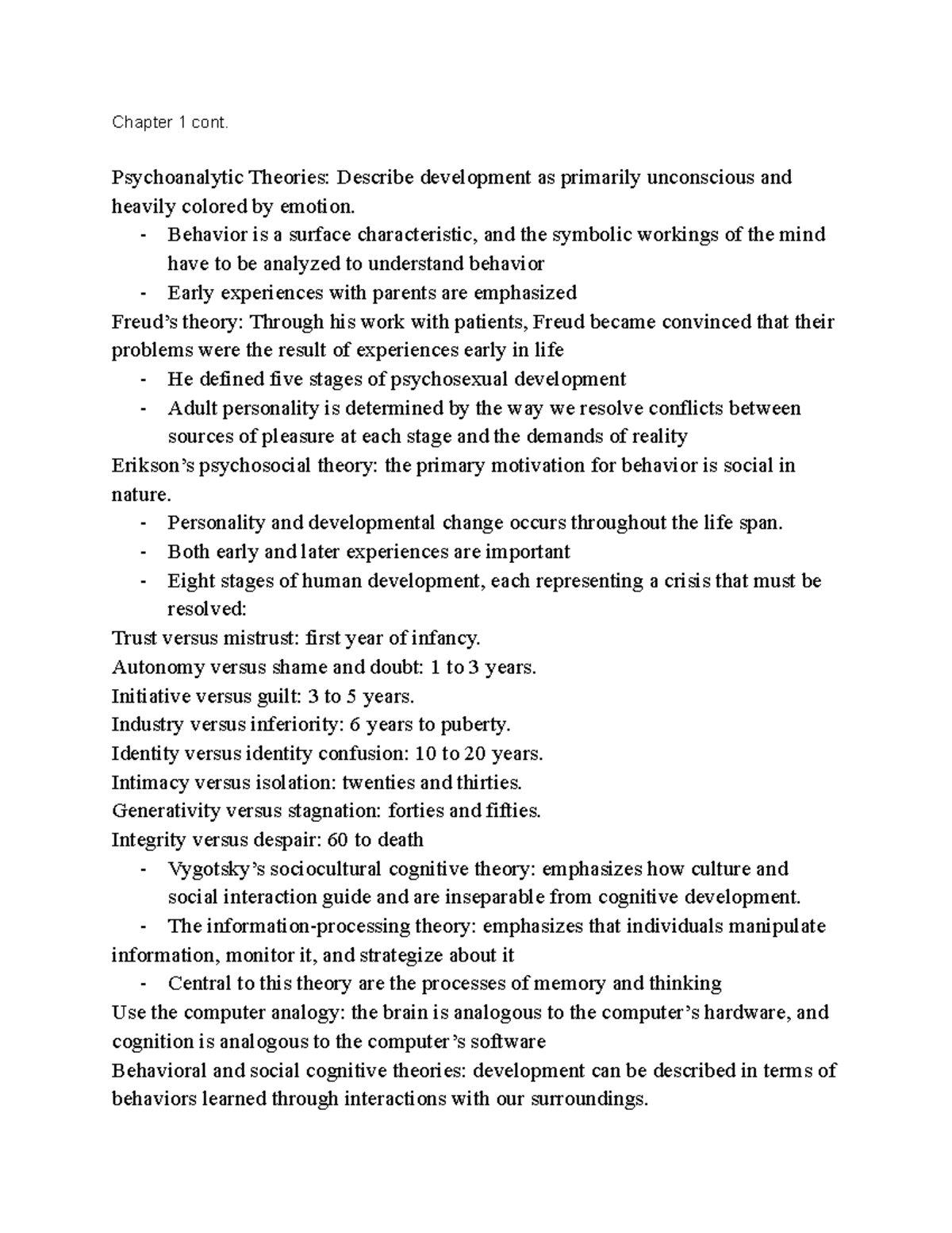Developmental psychology ch1 - Chapter 1 cont. Psychoanalytic Theories ...
