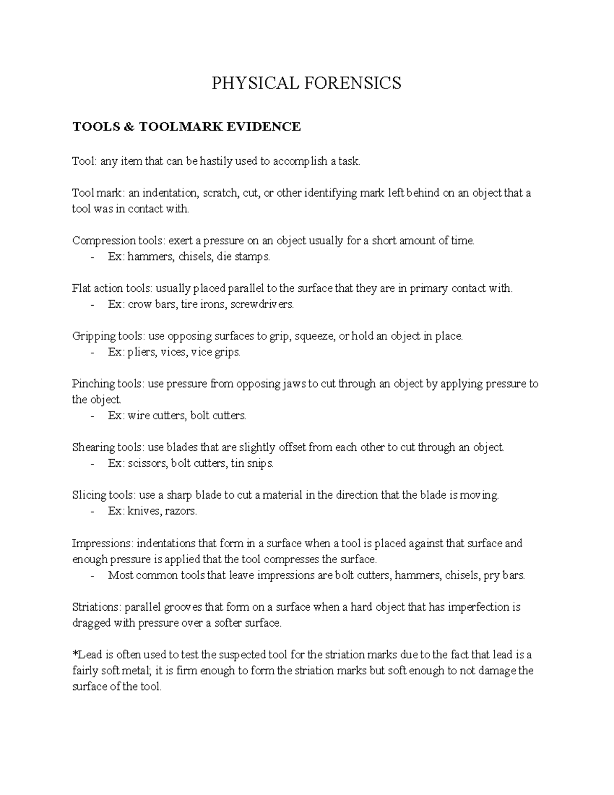 Physical Forensics Study Guide - PHYSICAL FORENSICS TOOLS & TOOLMARK ...
