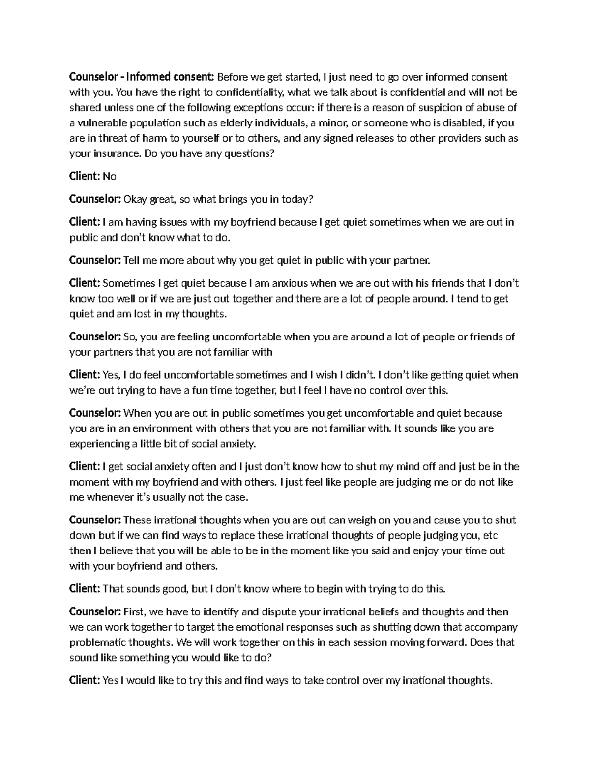 Week 4 practice activity script - Counselor - Informed consent: Before ...