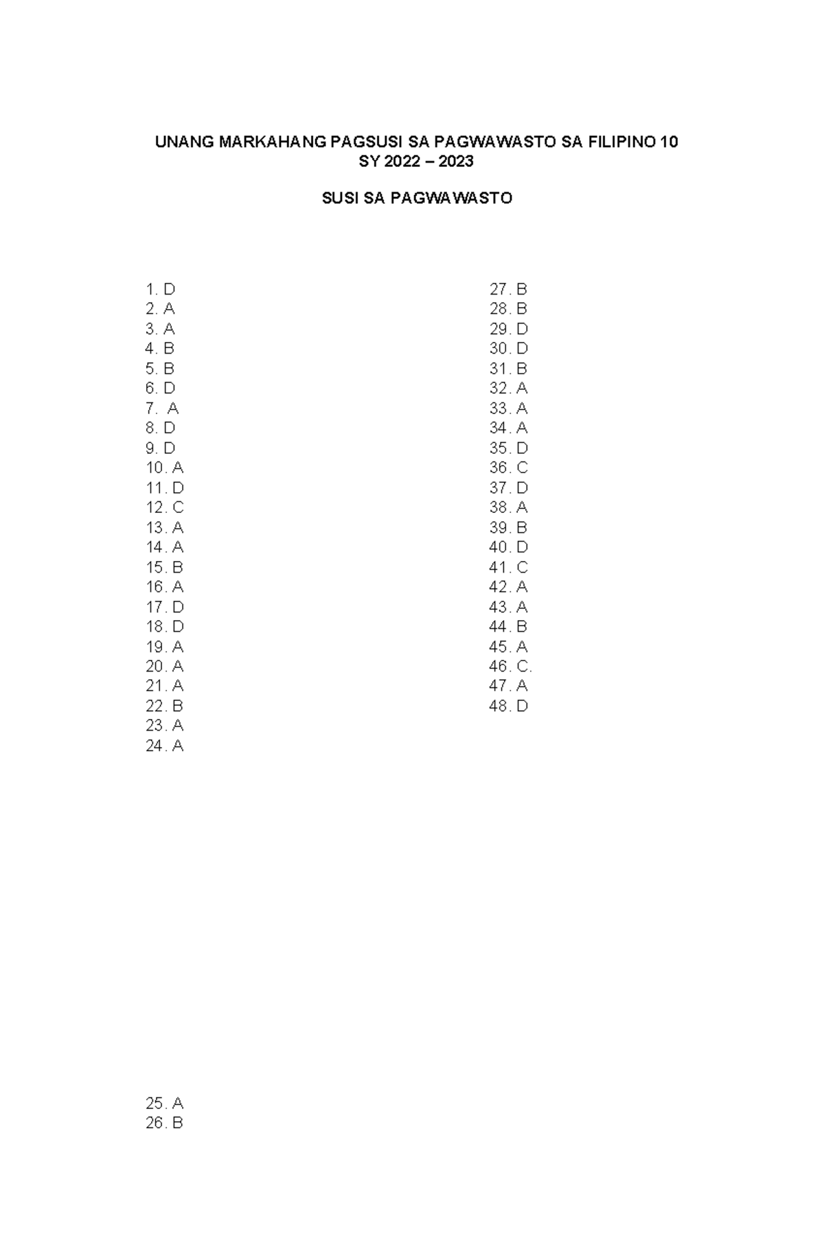 Unang Markahan Filipino 10 Answer KEY - UNANG MARKAHANG PAGSUSI SA ...