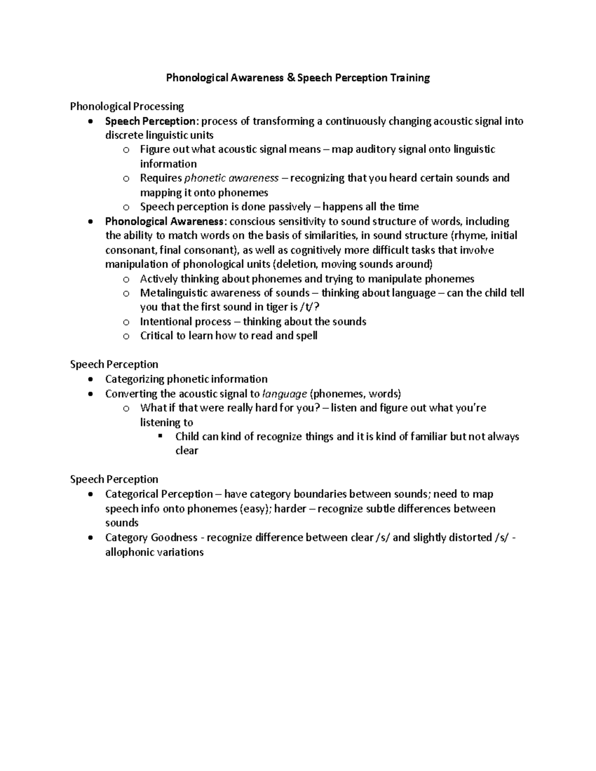 PA Speech Perception - study notes - Phonological Awareness & Speech ...