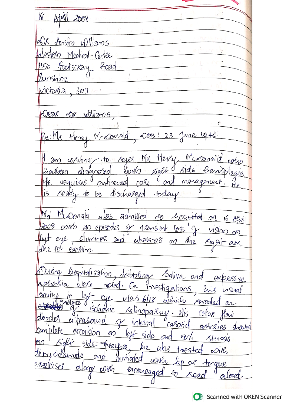 Henry Mc Donald OET Writing 2023 - Nursing - Studocu