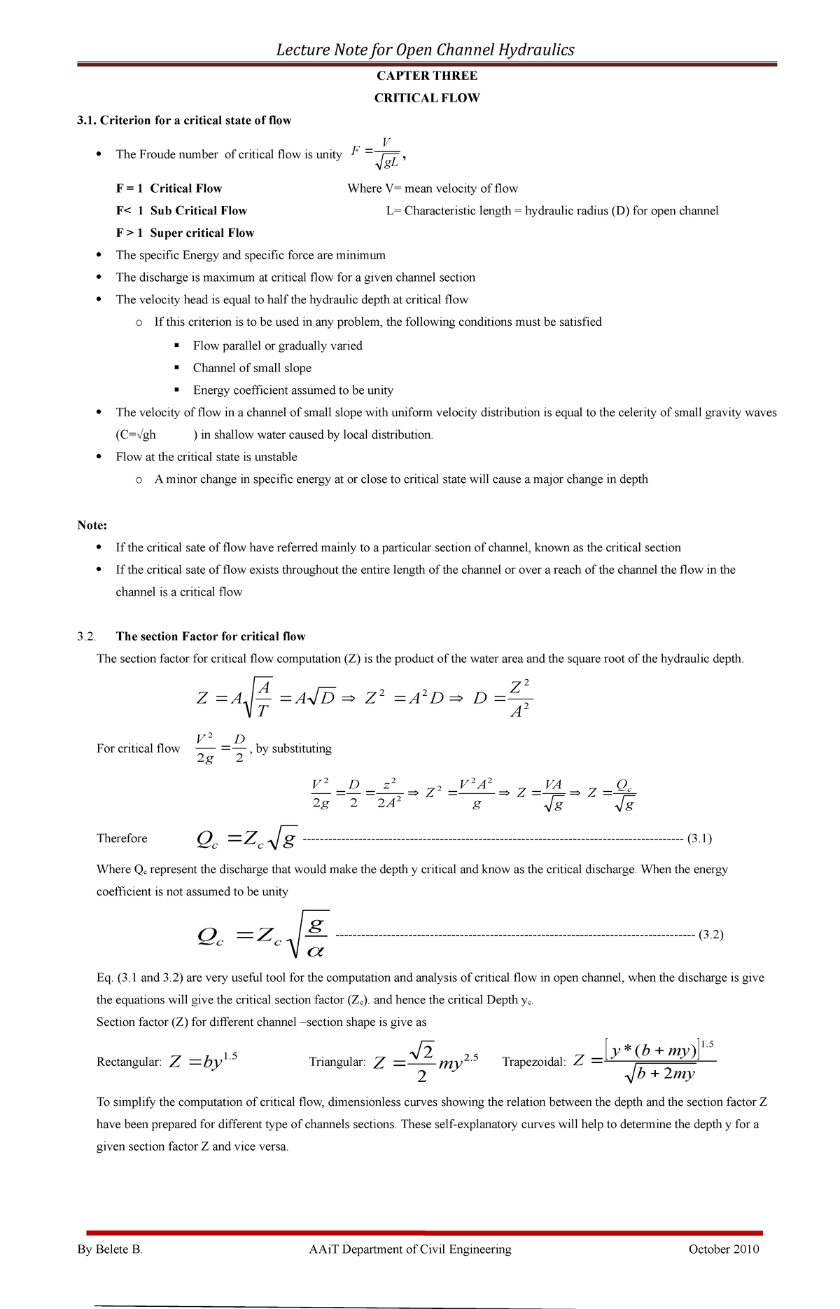 Ch-3critical flow - cha 3 - CAPTER THREE CRITICAL FLOW 3. Criterion for ...