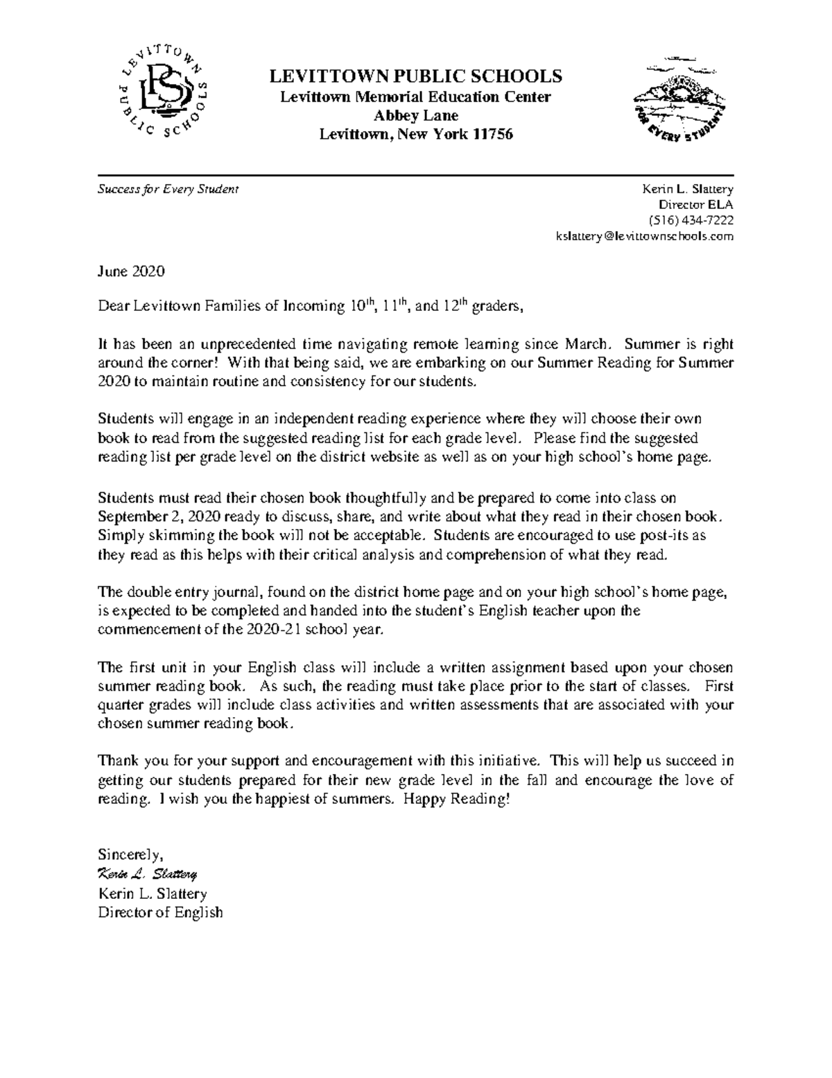 10-11-12 HS Summer Reading Program Parent Letter - LEVITTOWN PUBLIC ...