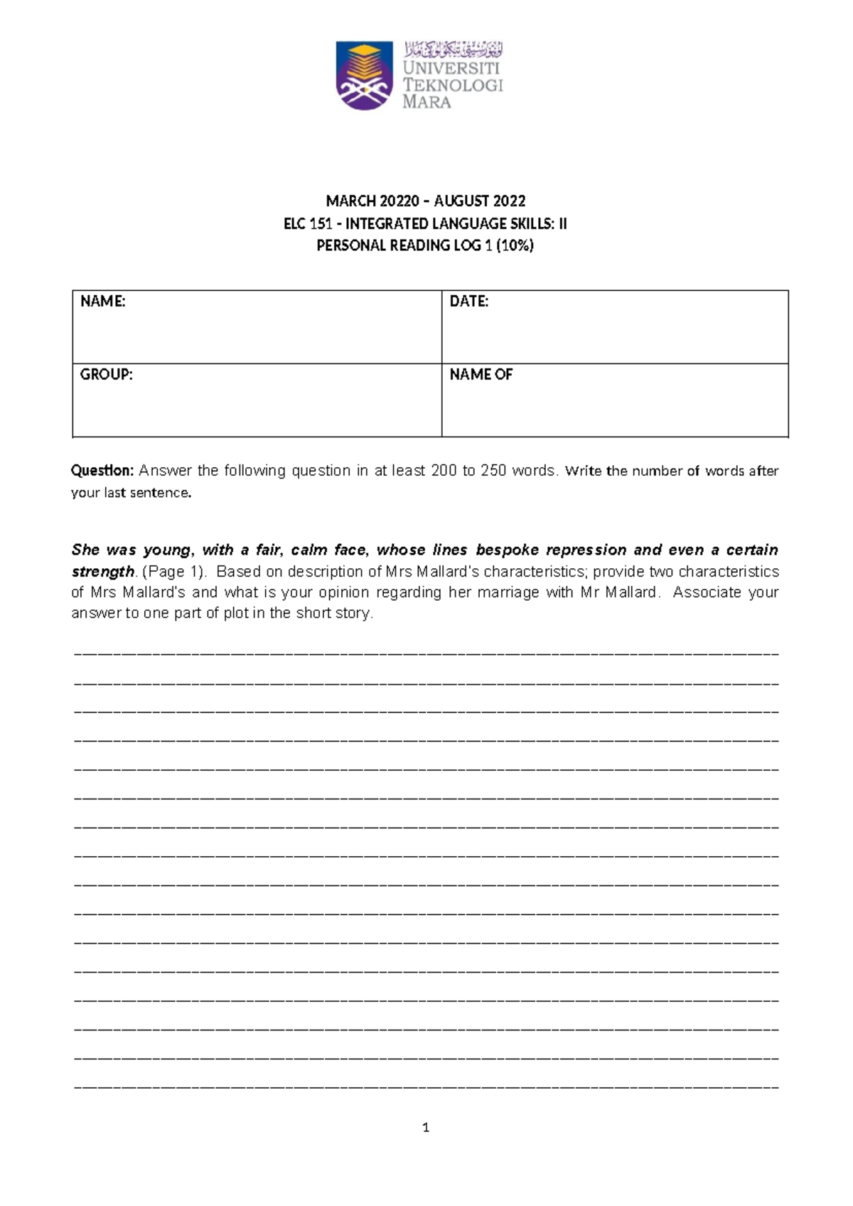 PRL 1 - sample question) - MARCH 20220 – AUGUST 2022 ELC 151 ...
