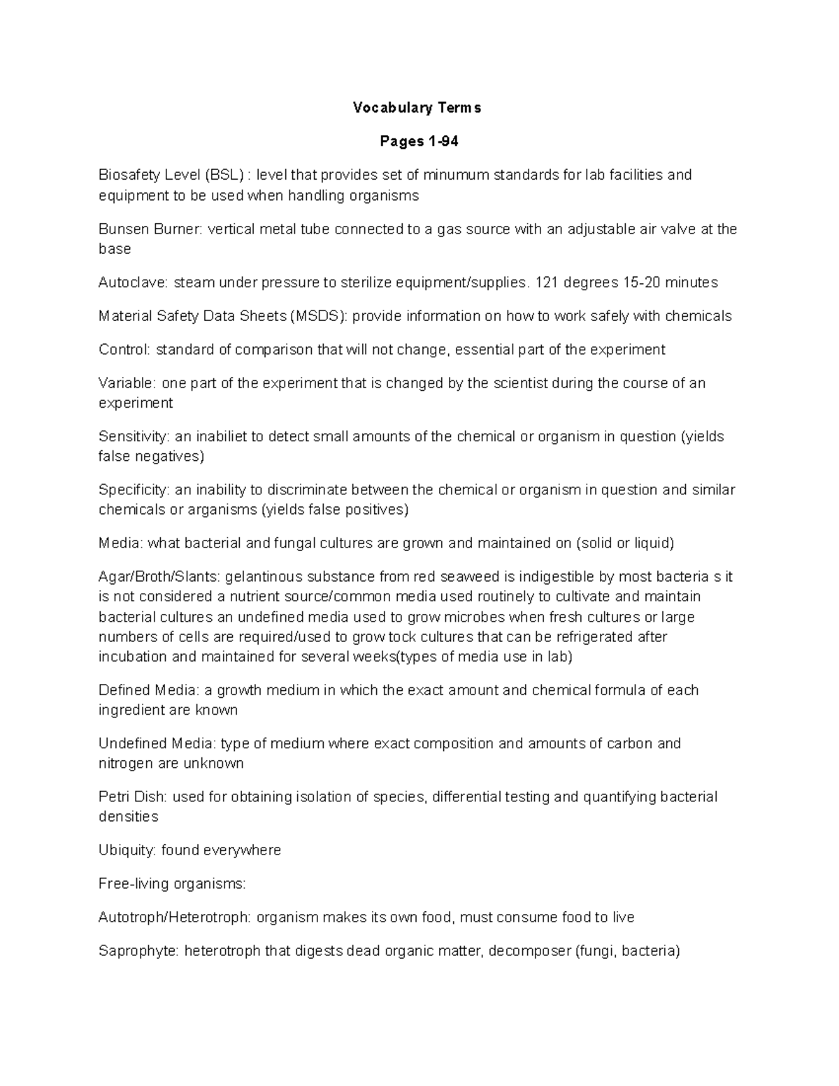 Vocabulary Terms for Microbiology - Vocabulary Terms Pages 1- Biosafety ...