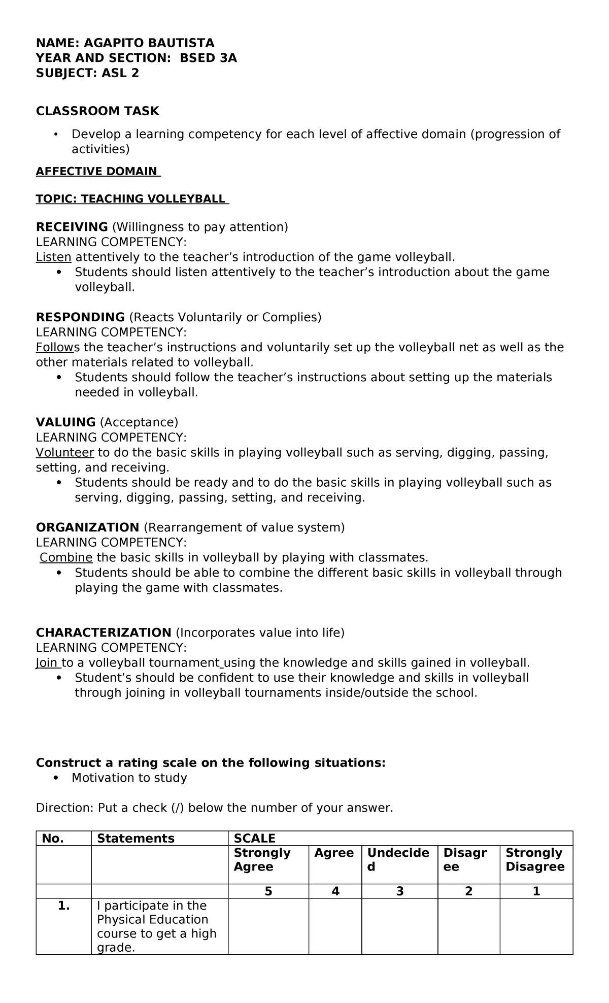 Classroom and take home task ( affective domain) - NAME: AGAPITO ...
