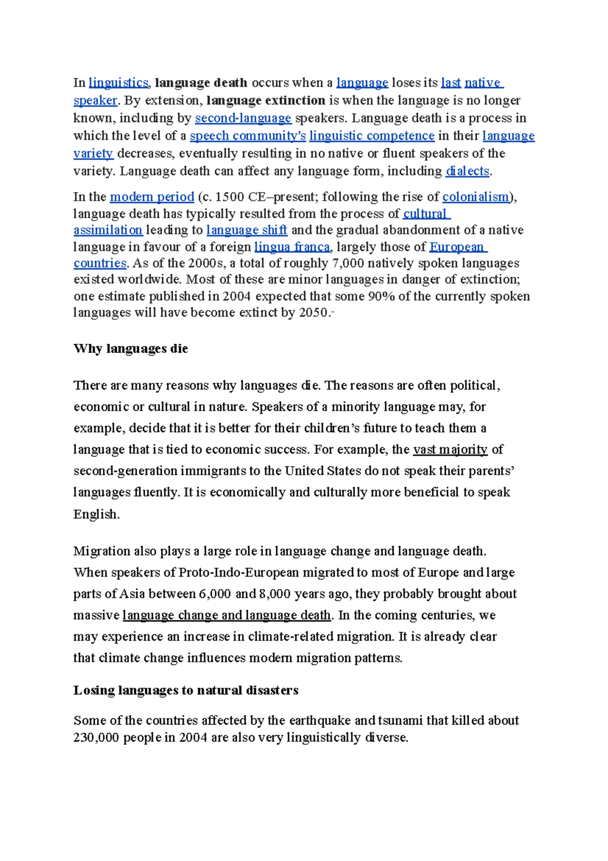 Notes lang death - In linguistics, language death occurs when a ...
