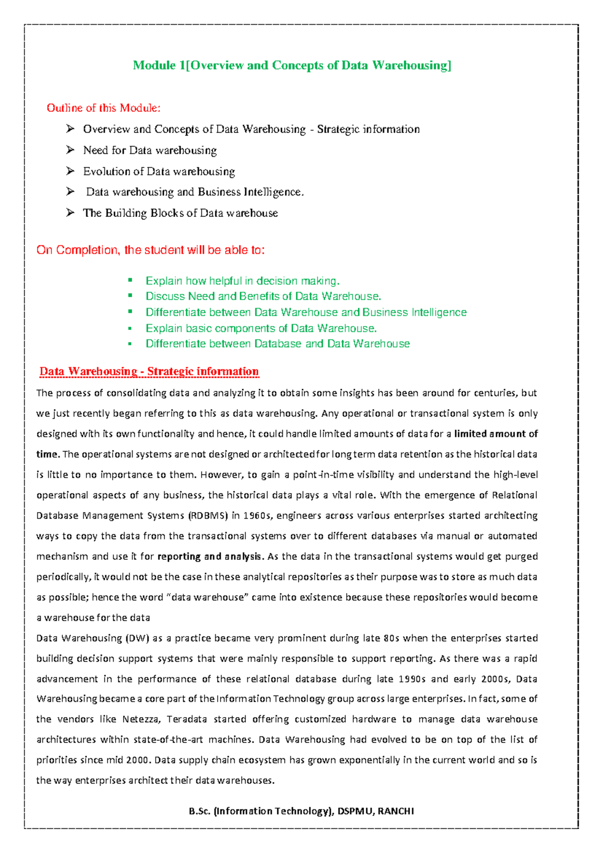 B.Sc.(IT)VI[DSE-3 M1] - Module 1[Overview and Concepts of Data ...