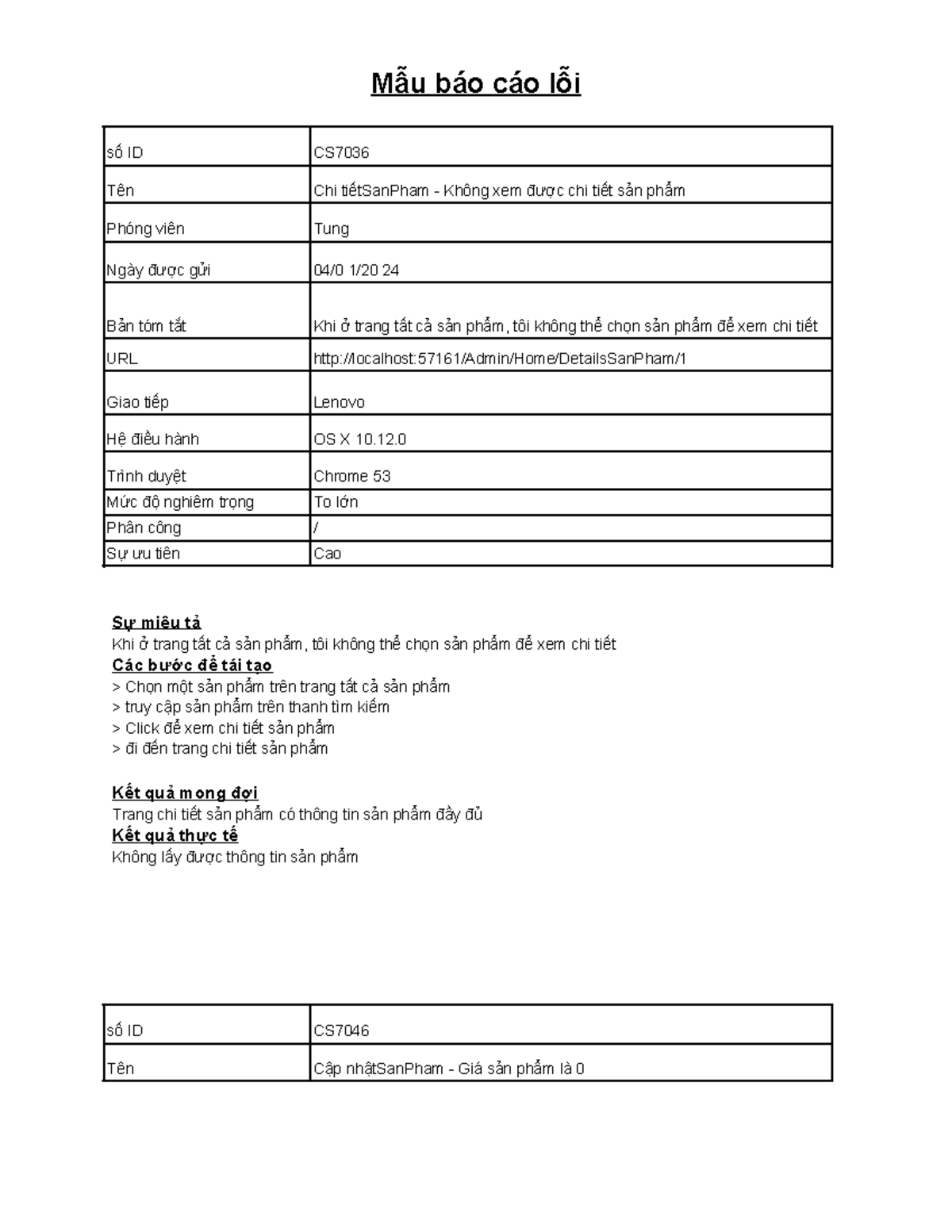 Bug Report Template - Mẫu báo cáo lỗi số ID CS Tên Chi tiếtSanPham - Không xem được chi tiết sản ...