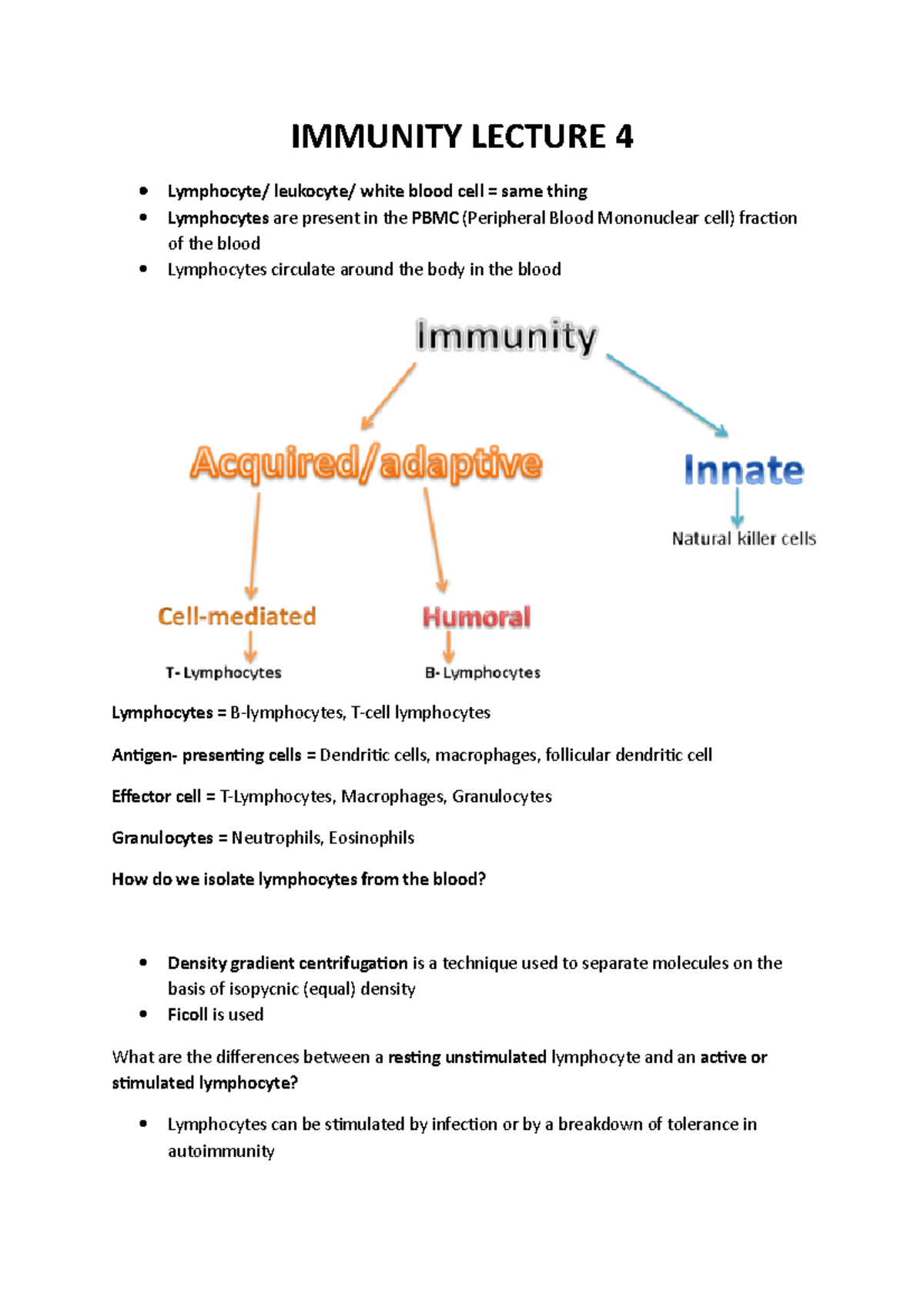 Immunity Lecture 4 - IMMUNITY LECTURE 4 Lymphocyte/ leukocyte/ white ...