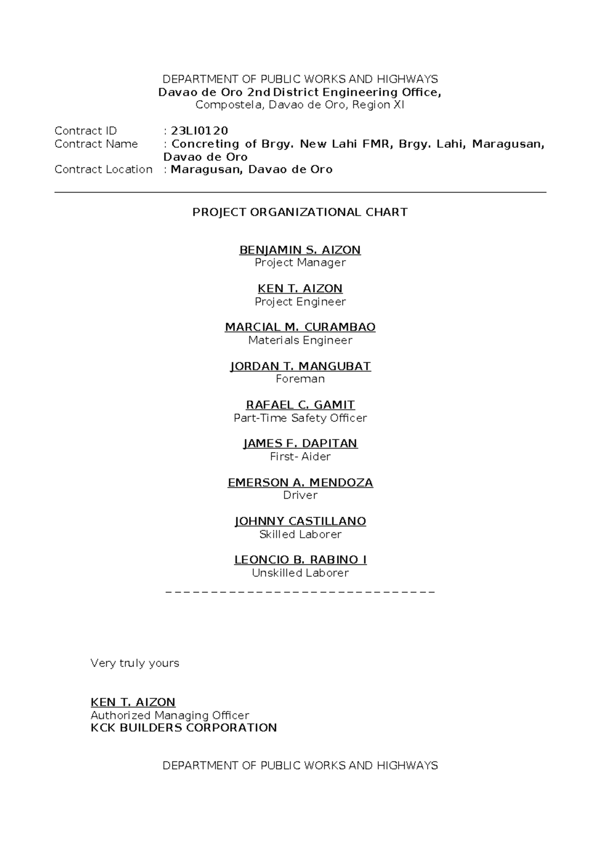 ORG Chart & KEY Personel - Takerrr 112 - DEPARTMENT OF PUBLIC WORKS AND ...