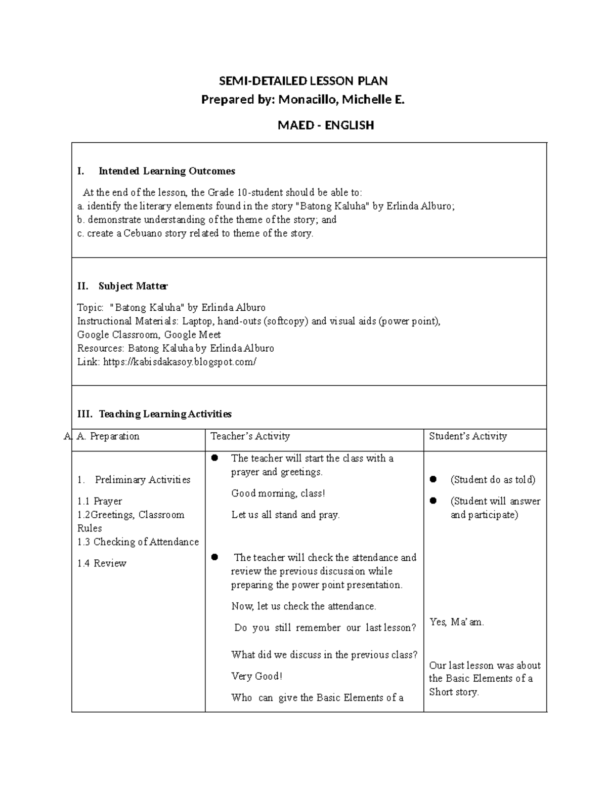 Lesson PLAN FOR Literature - SEMI-DETAILED LESSON PLAN Prepared by ...