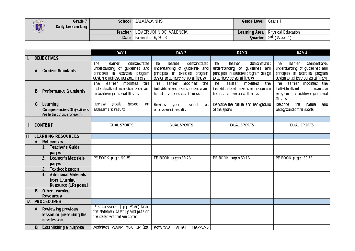 Valencia-Lomer John-DLL-PE-Q2W1 - Grade 7 Daily Lesson Log School ...