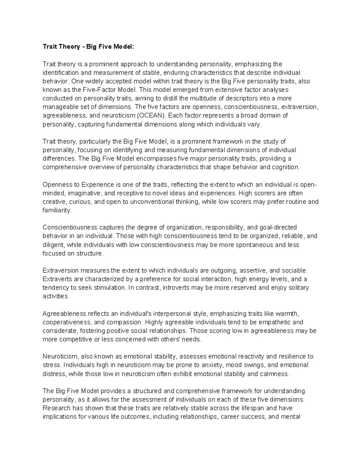 Trait Theory - Big Five Model - Trait Theory - Big Five Model: Trait ...