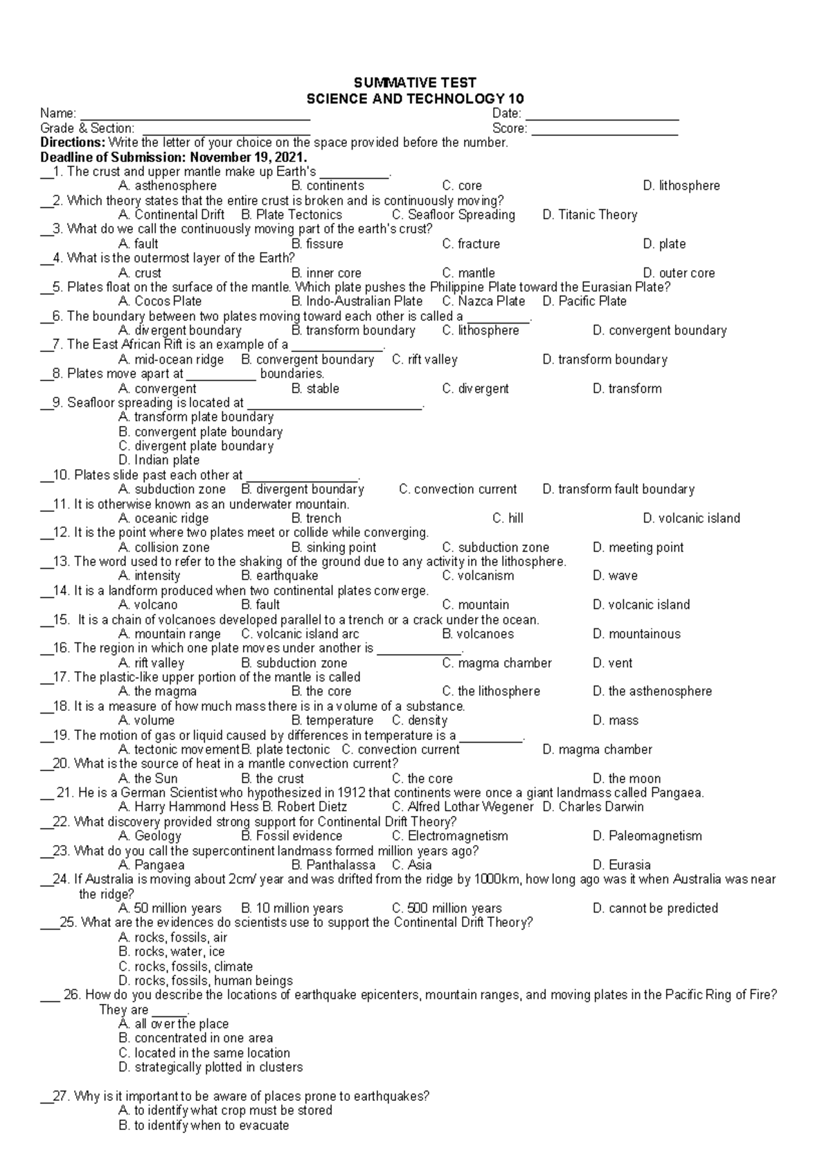 Science 10 TEST - to comply the assignment give - SUMMATIVE TEST ...