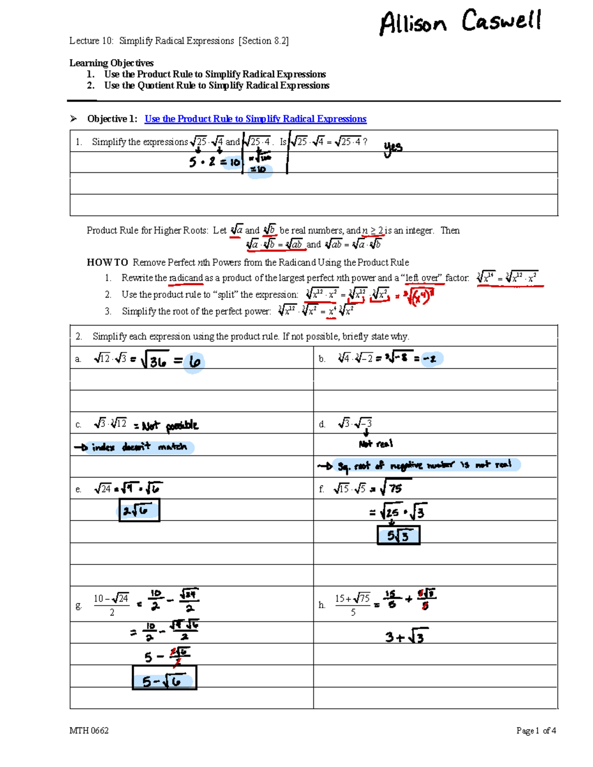 Lecture 10-Simplify Radical Expressions 8 - Lecture 10: Simplify ...
