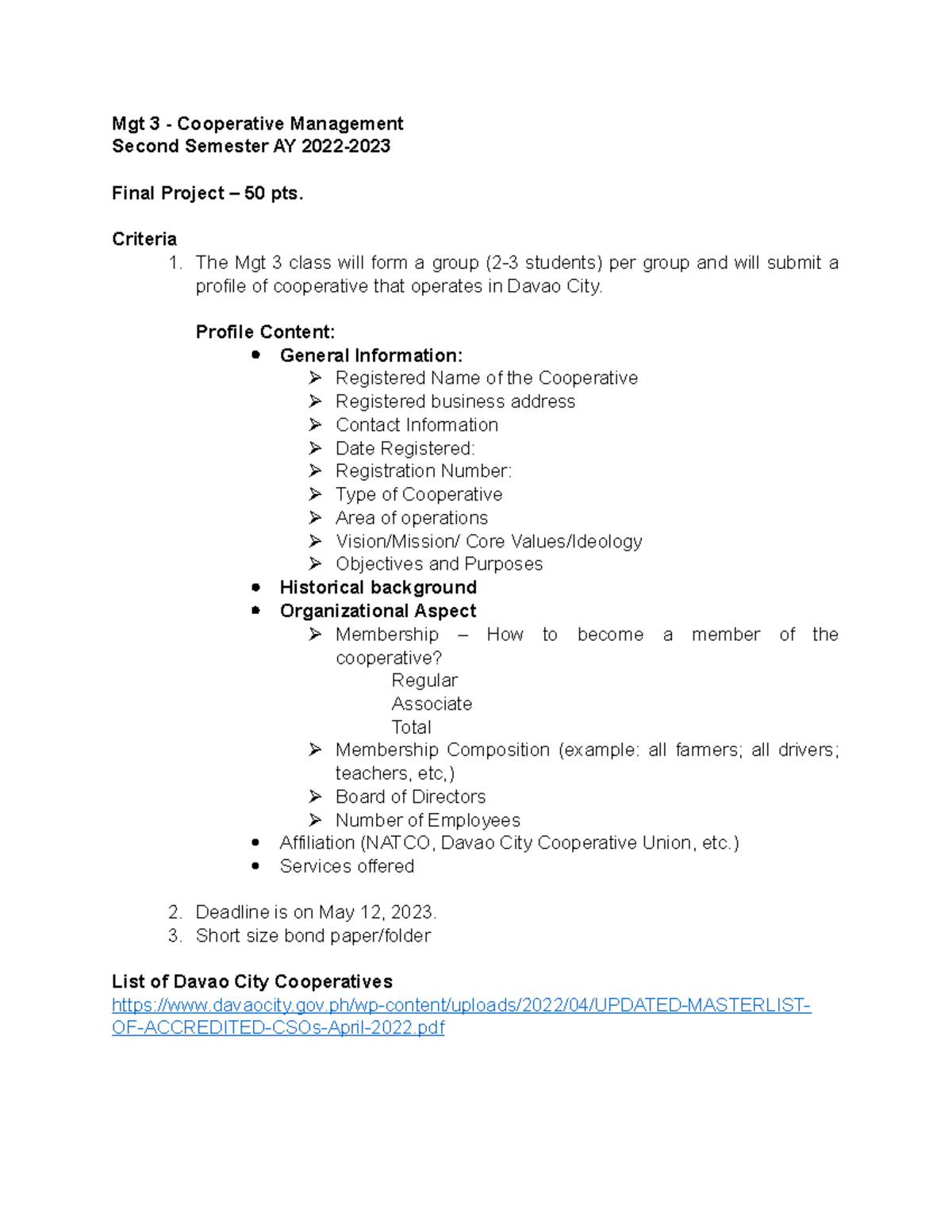 Mgt 3 Final project - Mgt 3 - Cooperative Management Second Semester AY ...