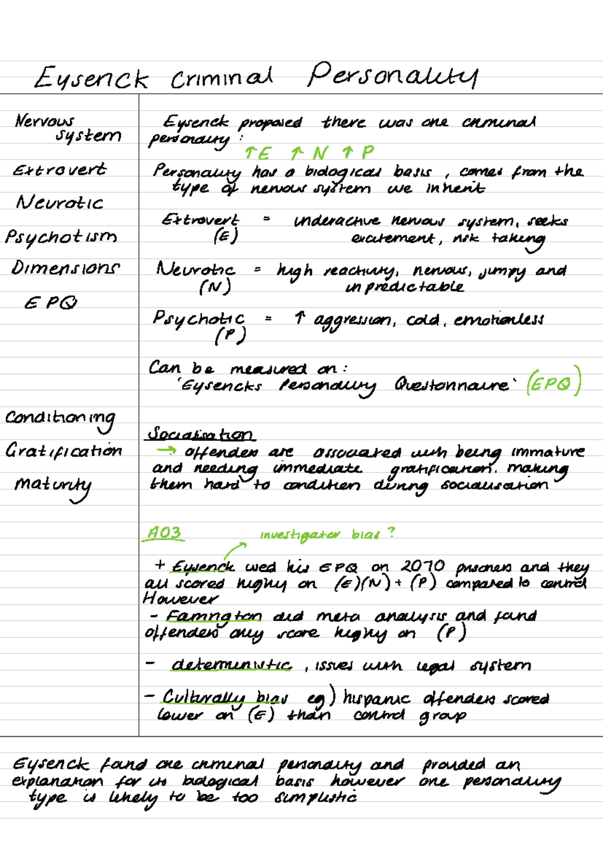 Cornell Notes Forensics 5 - Eysenck Criminal Personality Nervous ...