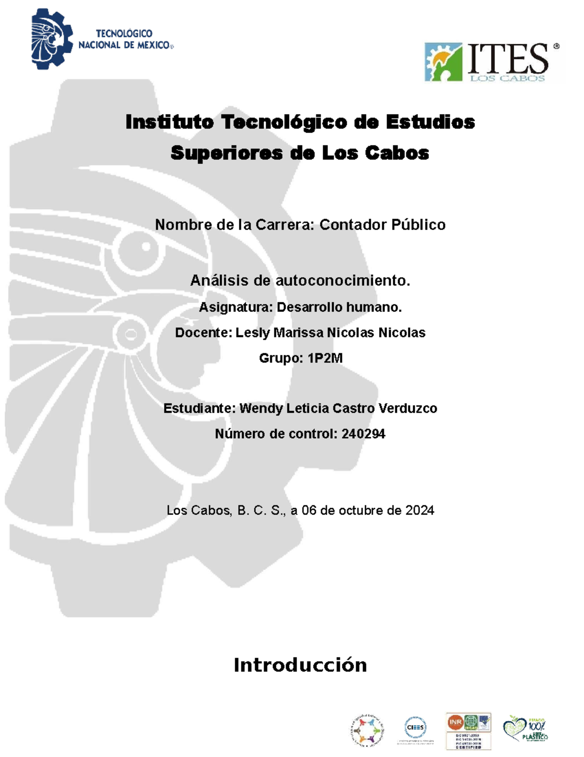 Portada Institucional - Instituto Tecnológico de Estudios Superiores de Los Cabos Nombre de la ...
