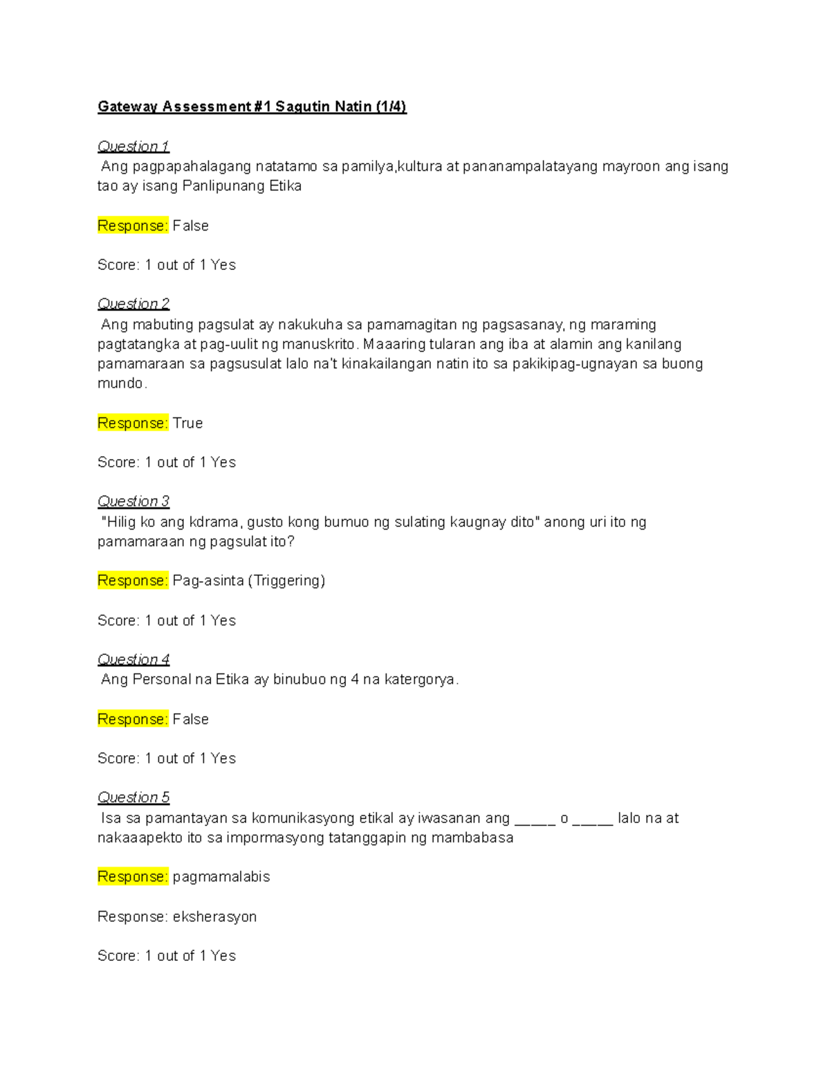 Filipino sa Piling Larangan (GA #1, 2, 3) - Gateway Assessment #1 ...