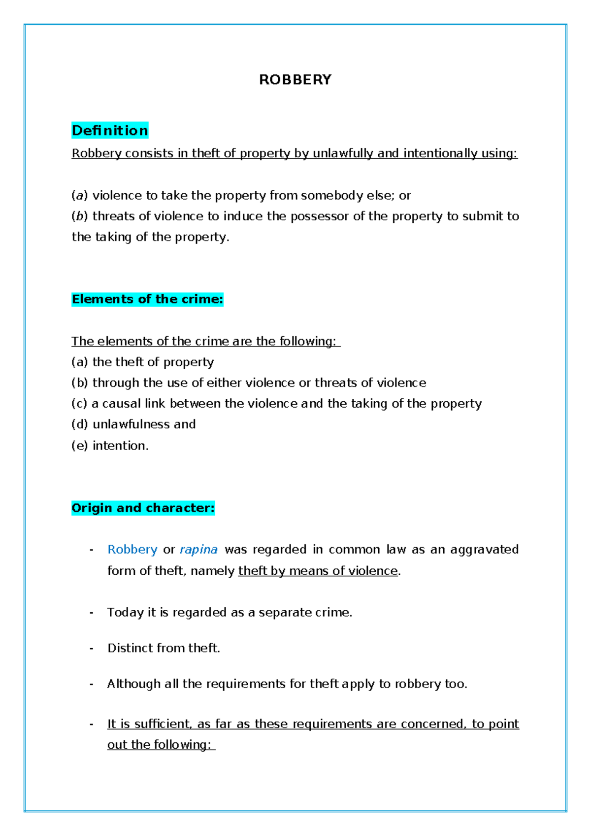 SU 1.2 Robbery - STUDY UNIT 1 NOTES - ROBBERY Definition Robbery ...