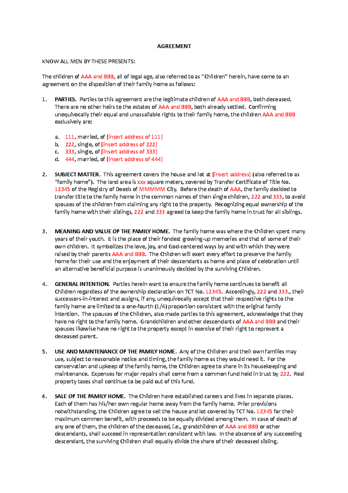 Contract On The Disposition Of The Family Home AGREEMENT KNOW ALL MEN contract-on-the-disposition-of-the-family-home-agreement-know-all-men
