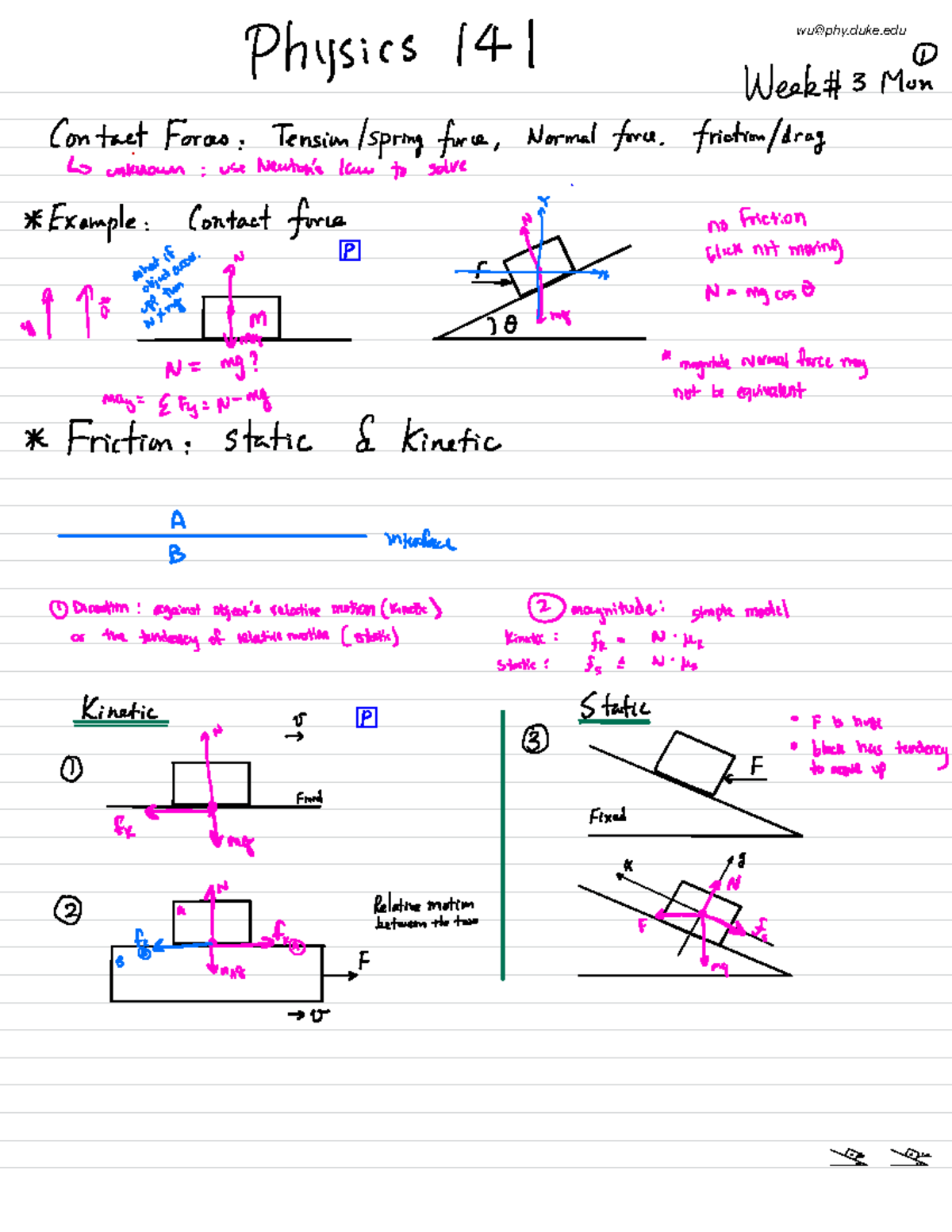 Week3Mon DYN In Class Notes outline - wu@phy.duke Physics 141 Week# 3M ...