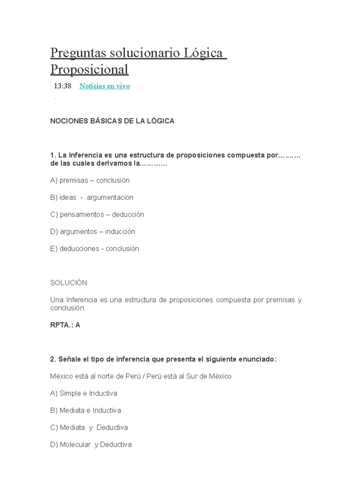 Preguntas solucionario Lógica Proposicional - Preguntas solucionario ...