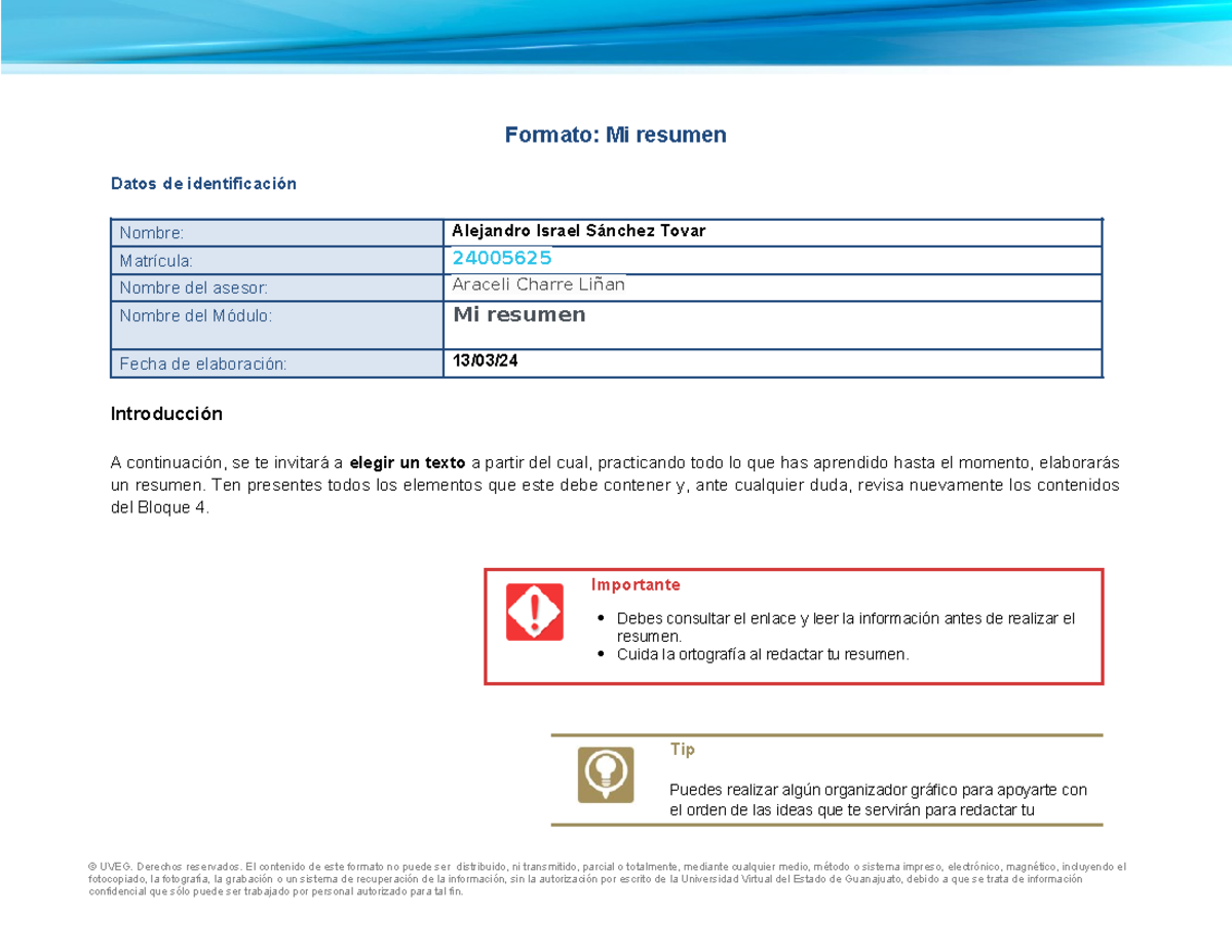 Sanchez Tovar Mi resumen - Formato: Mi resumen Datos de identificación Nombre: Alejandro Israel ...