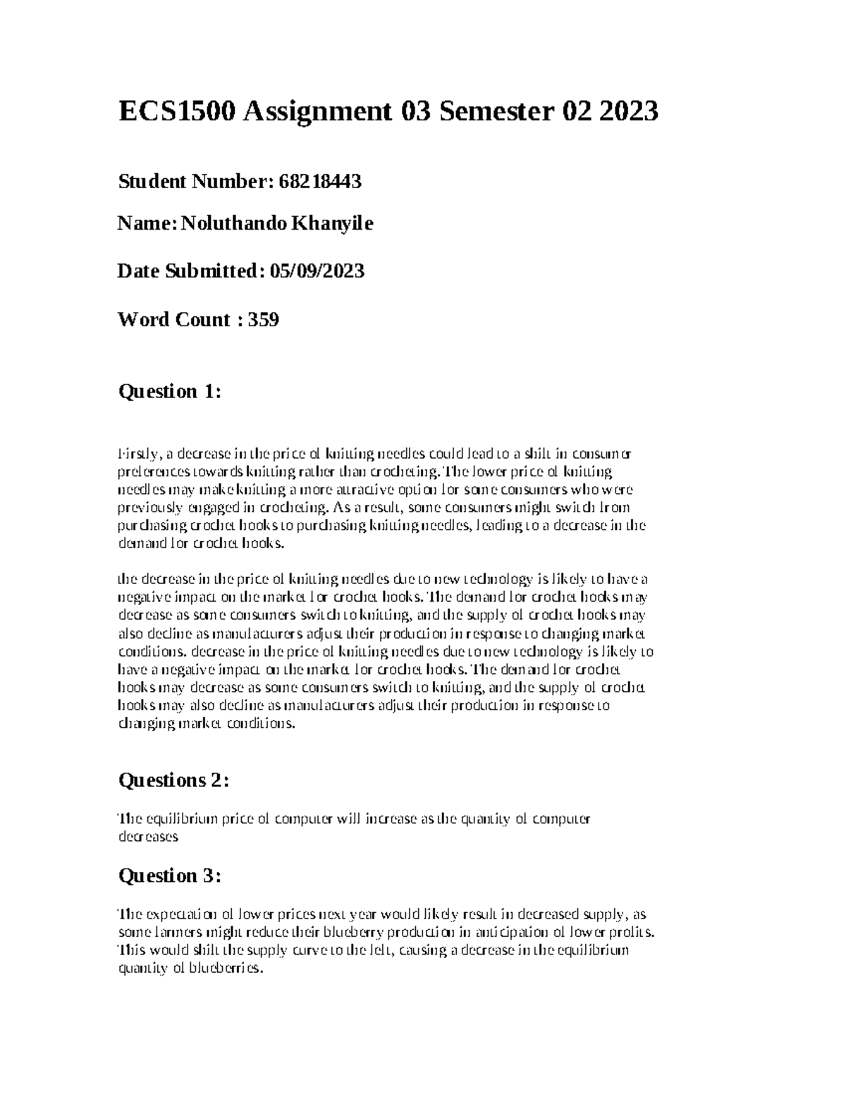 ECS1500 - Notes - ECS1500 Assignment 03 Semester 02 2023 Student Number ...