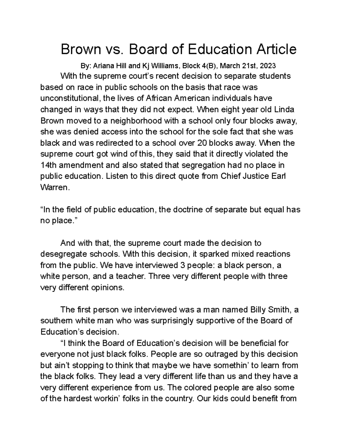 Brown vs BOE - Brown vs. Board of Education Article By: Ariana Hill and ...