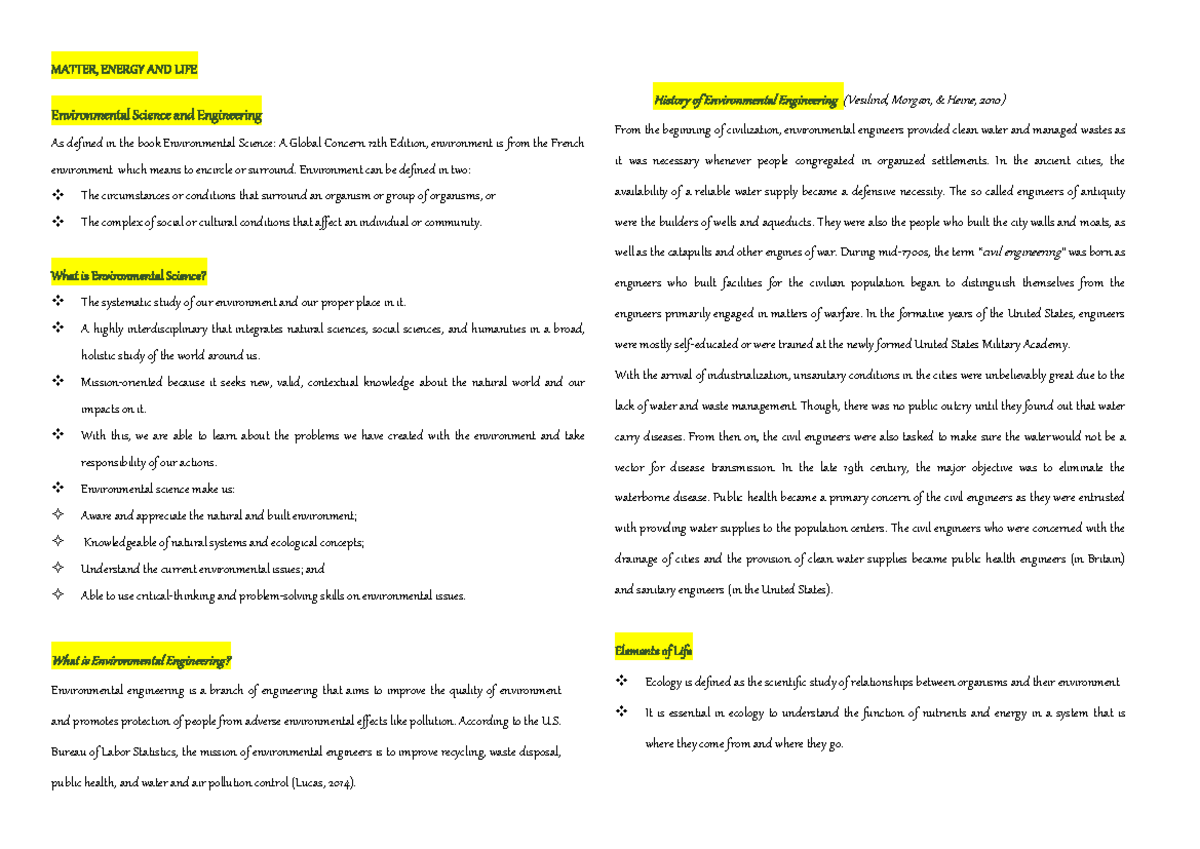 Matter, Energy AND LIFE - MATTER, ENERGY AND LIFE Environmental Science ...