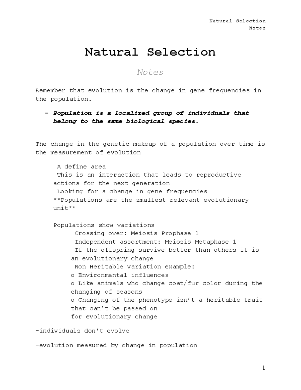 Natural Selection - Natural Selection Notes Remember that evolution is ...