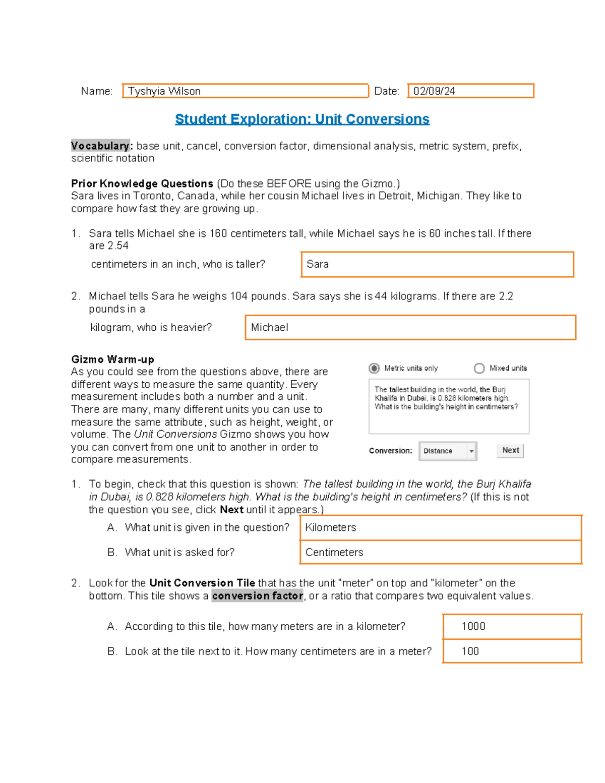 Unit 1 conversion - Unit 1 coversion - Name: Tyshyia Wilson Date: 02/09 ...