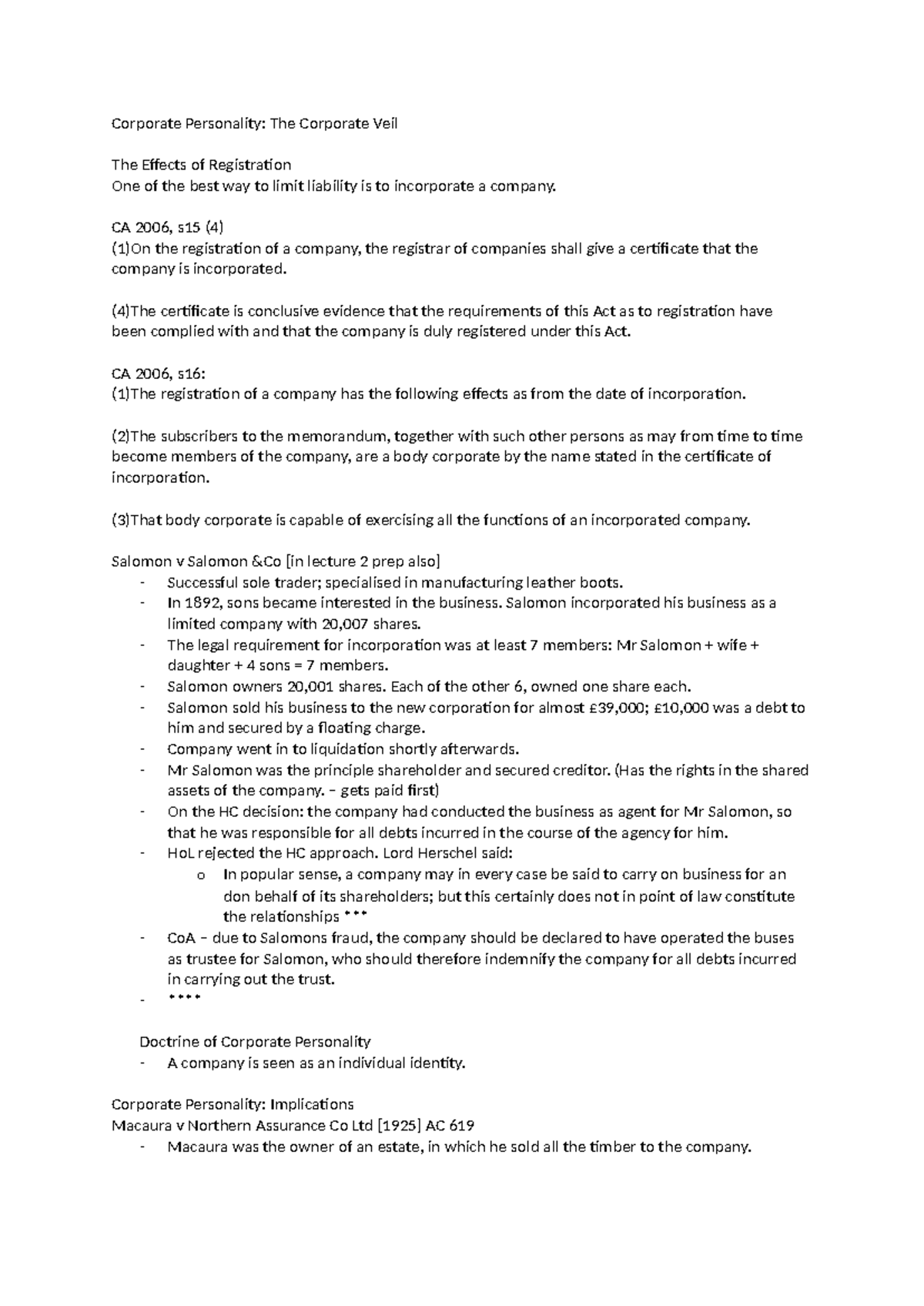 Corporate Personality and Veil Piercing - Corporate Personality: The ...