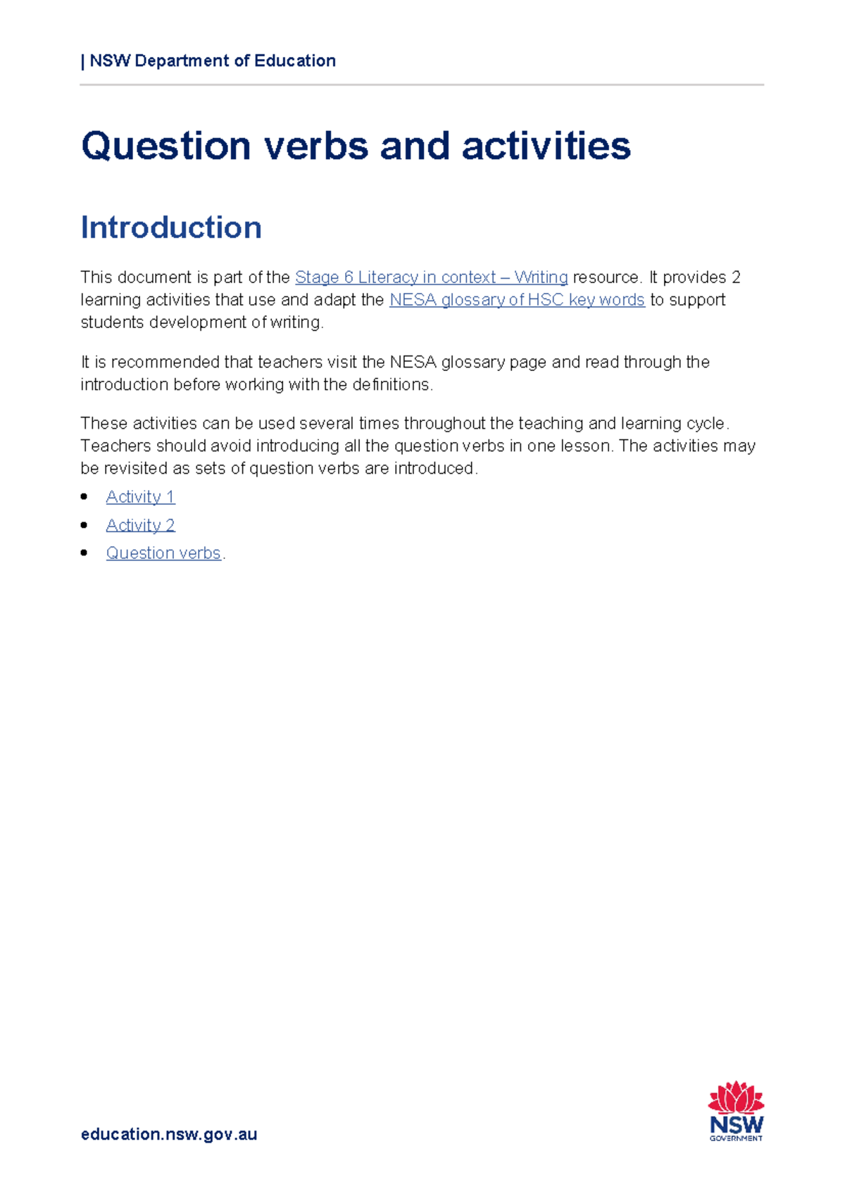 Question verbs and activities - | NSW Department of Education Question ...