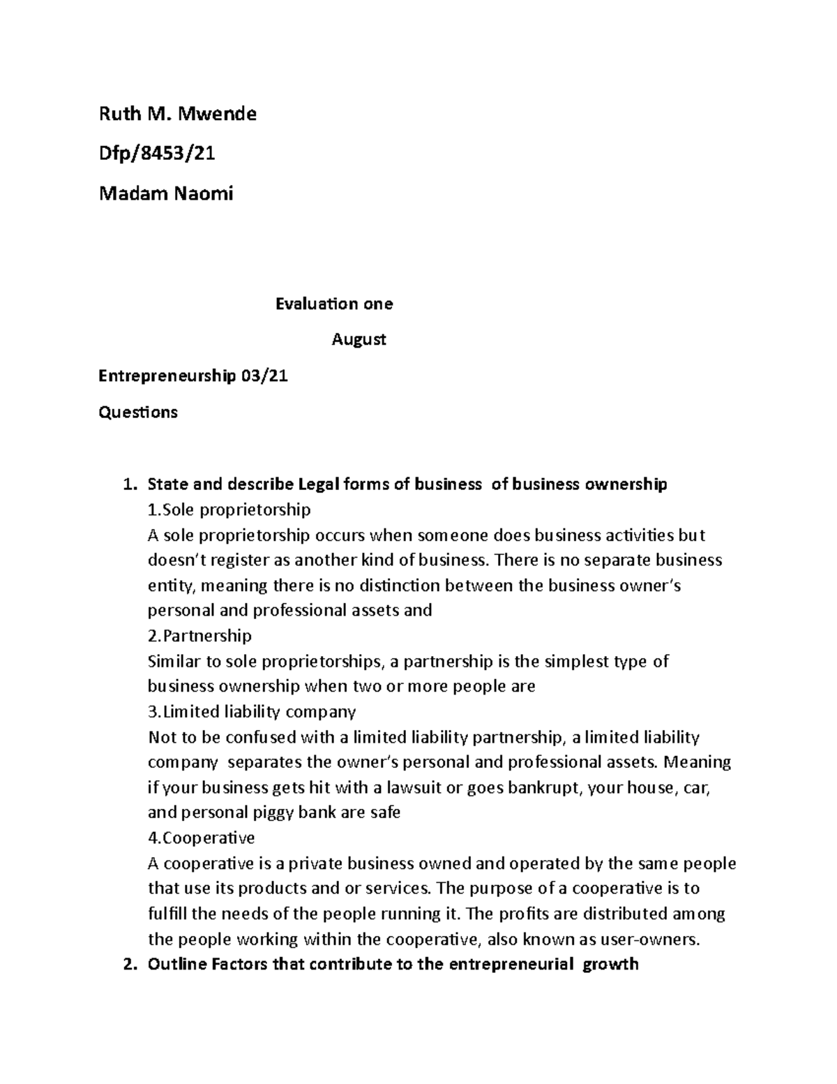 Entrepreneurship - Ruth M. Mwende Dfp/8453/ Madam Naomi Evaluation one ...