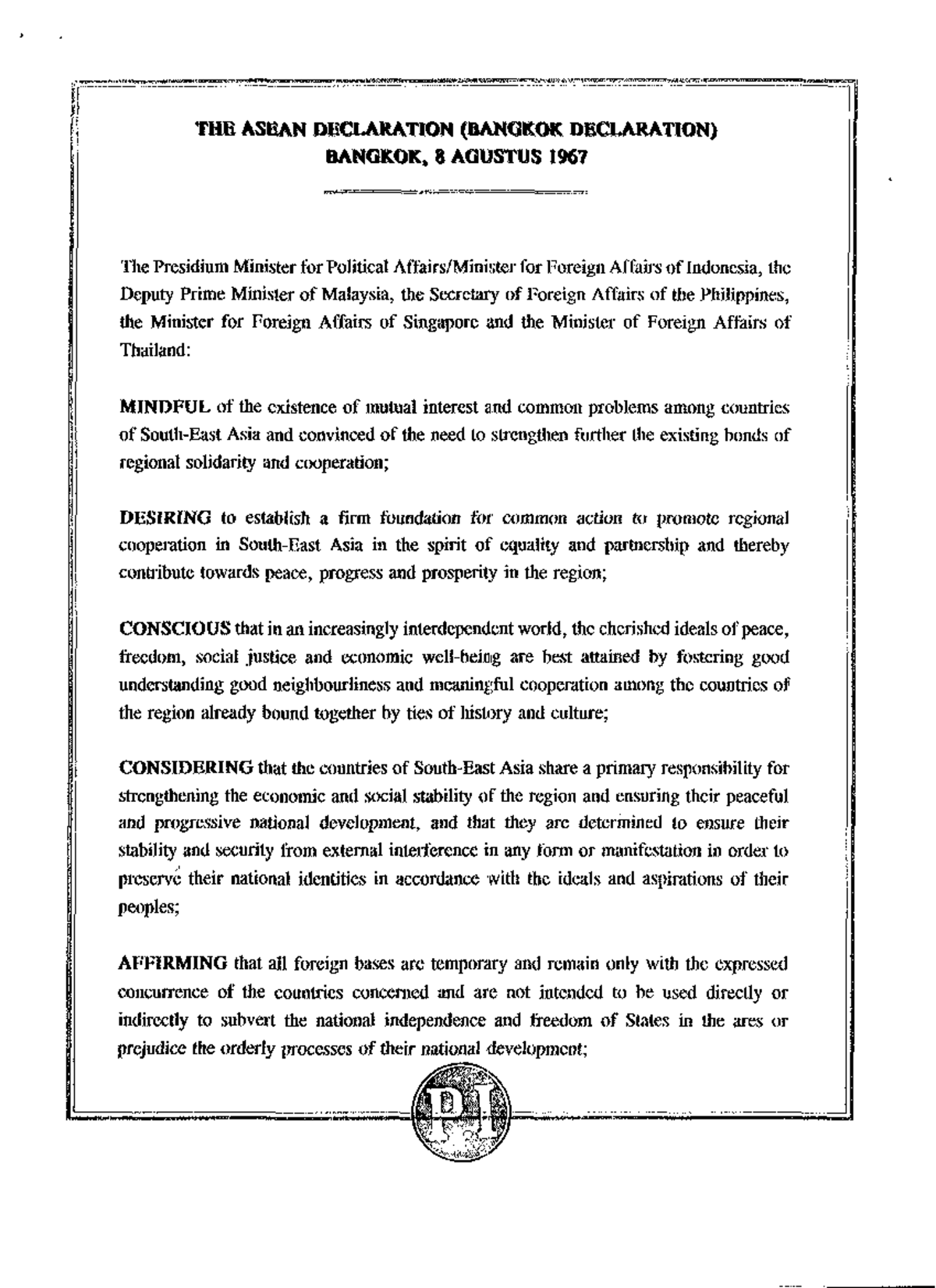 Tuyên bố Băng Cốc bản E - THE ASEAN DECLARATION (BANGKOK DECLARATION ...