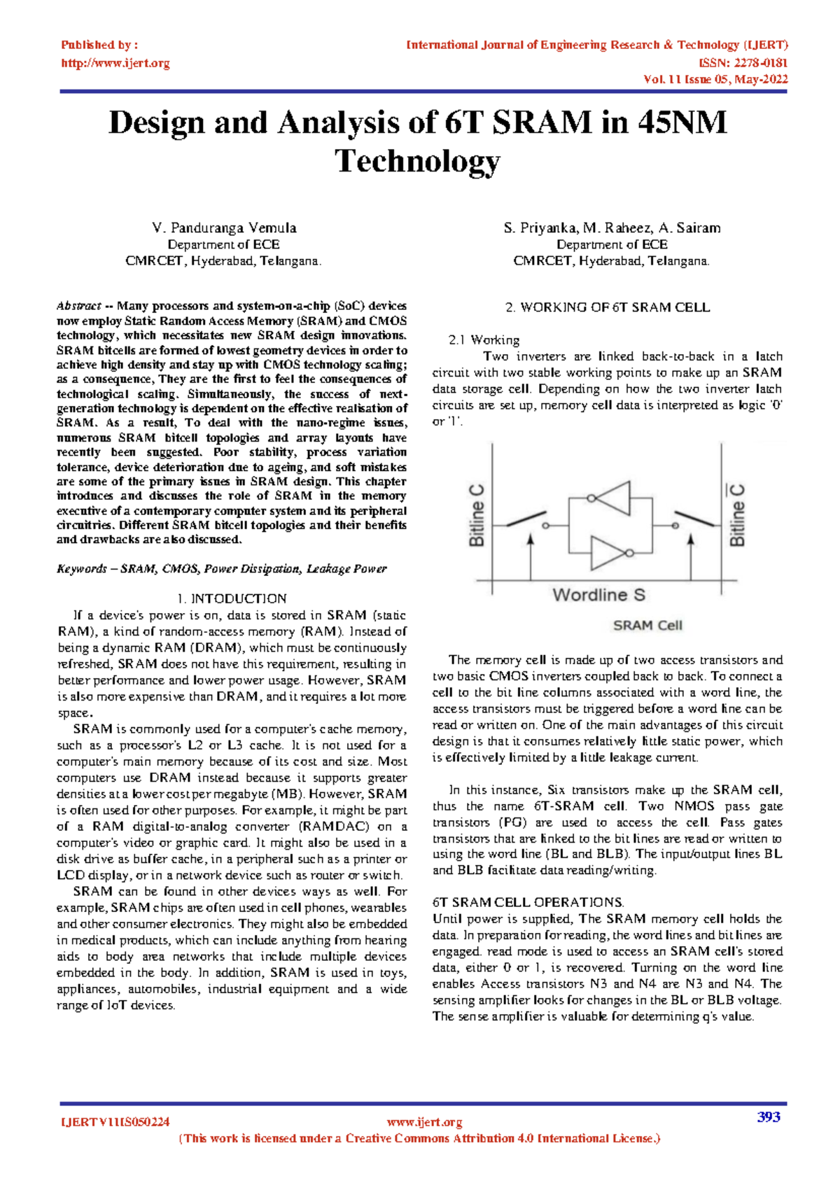 Design and analysis of 6t sram in 45nm technology Ijertv 11IS050224 - Design and Analysis of 6T ...