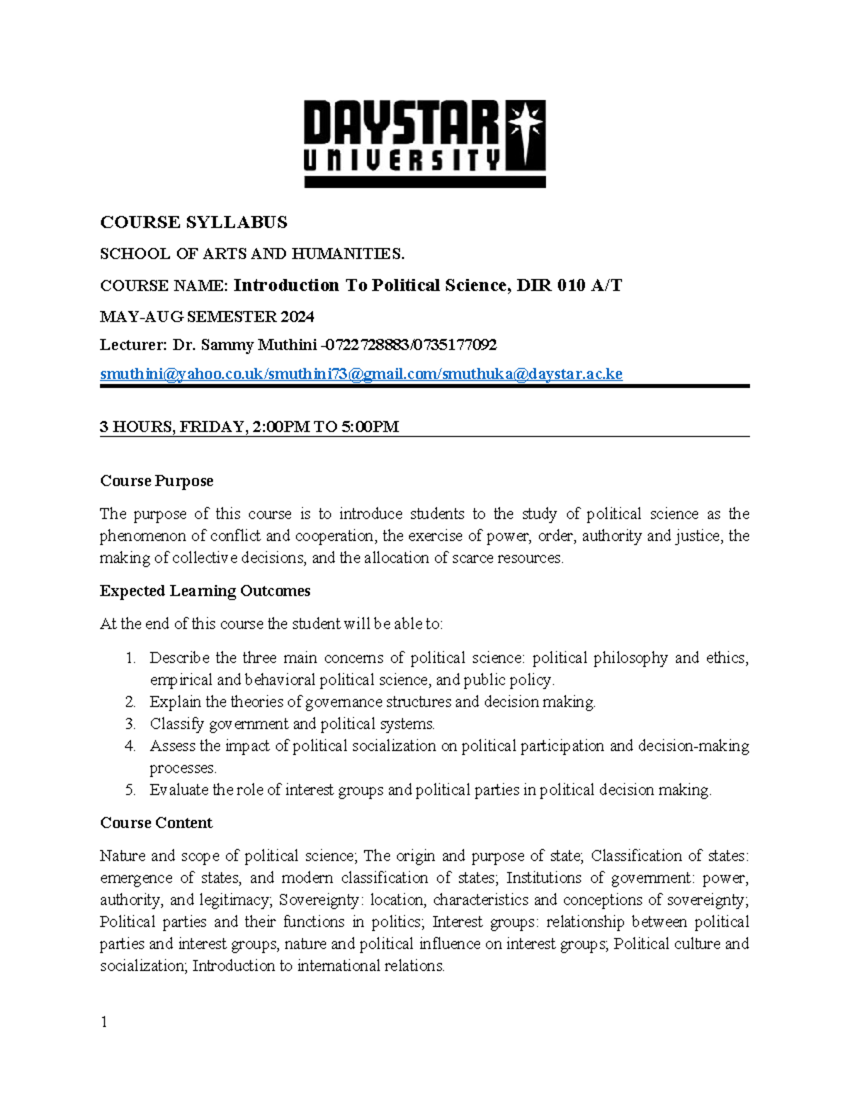 Political Science Syllabus - COURSE SYLLABUS SCHOOL OF ARTS AND ...