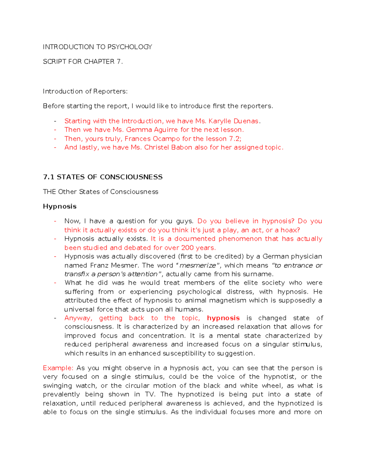 Chapter 7 Script - INTRODUCTION TO PSYCHOLOGY SCRIPT FOR CHAPTER 7 ...